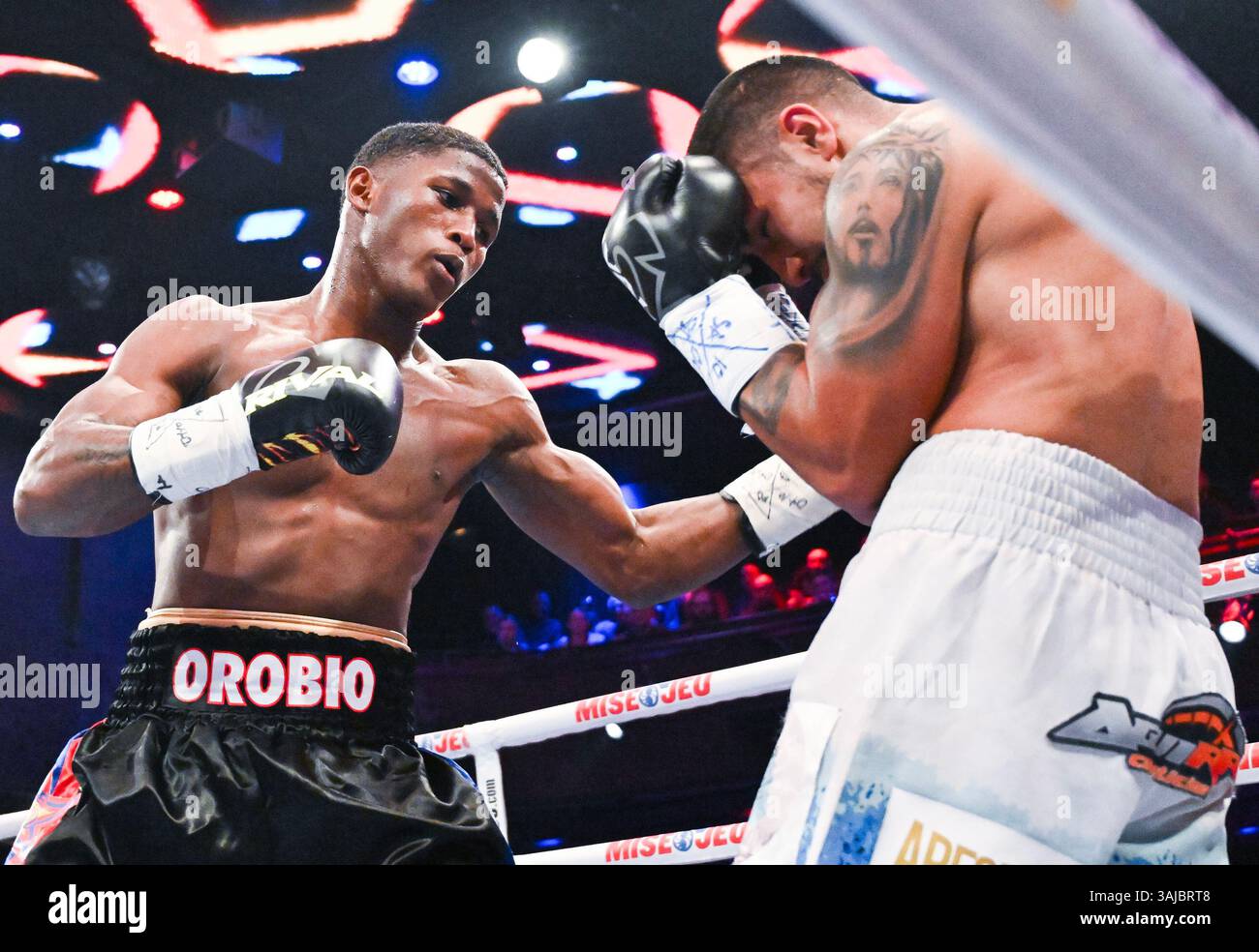 Montreal, Canada. 10th Apr, 2025. Jhon Orobio, left, lands a body blow ...
