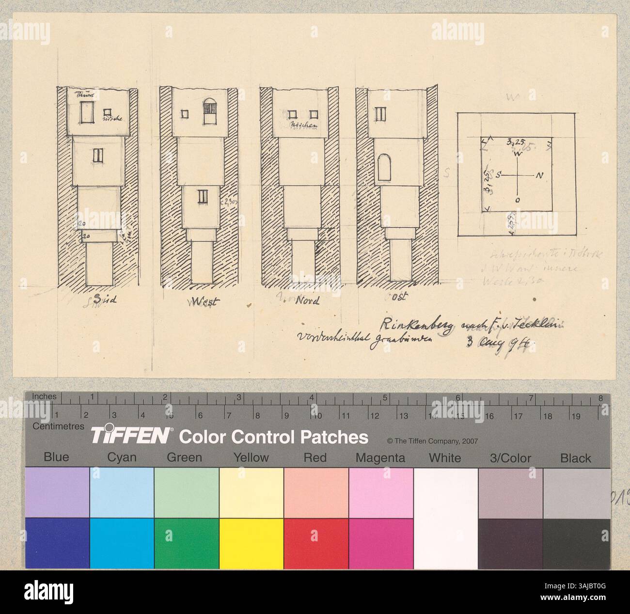 The illustration shows the four walls of the preserved tower and a ...