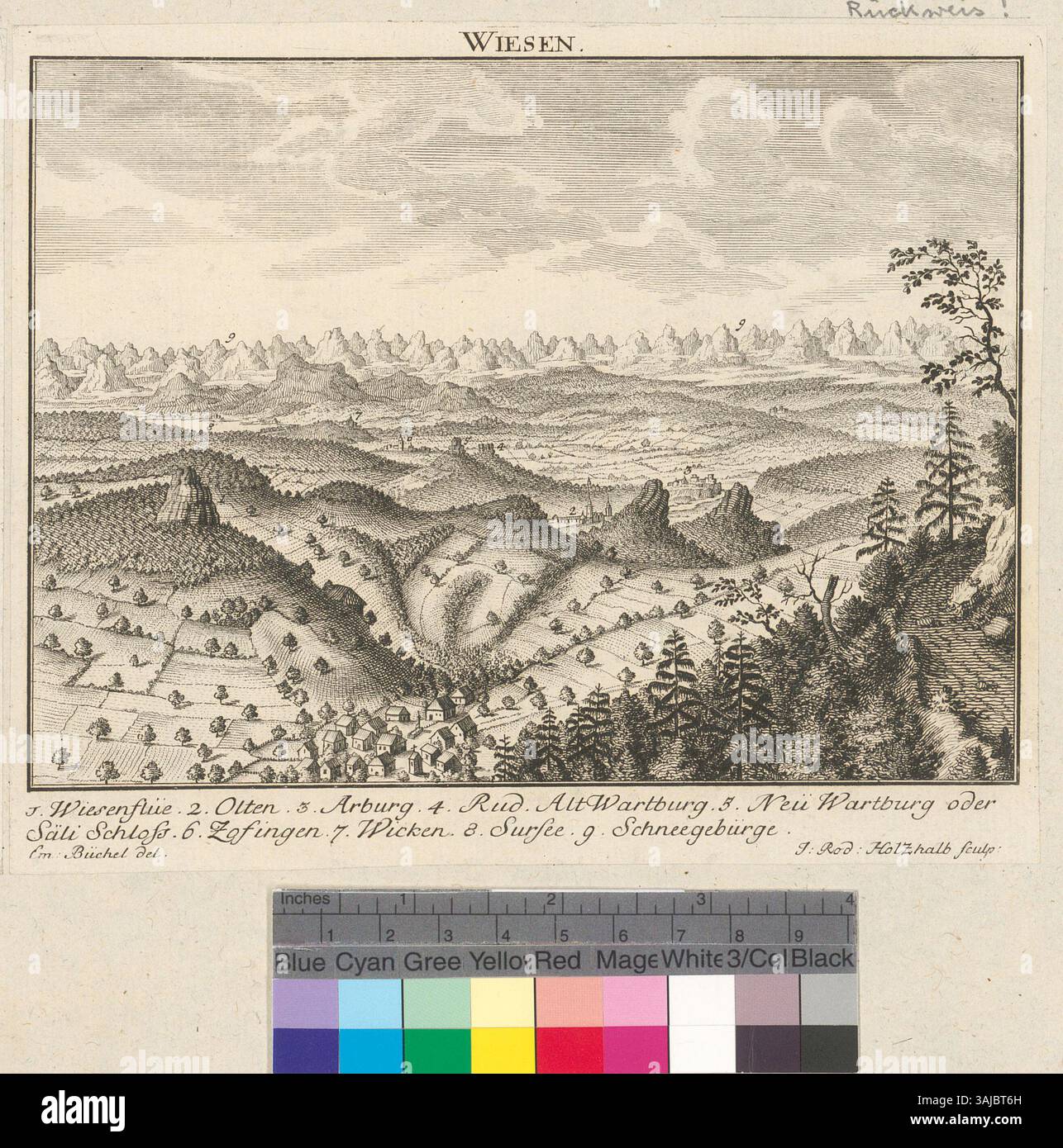 This 1762 engraving portrays the landscape of Wiesen in Basel ...