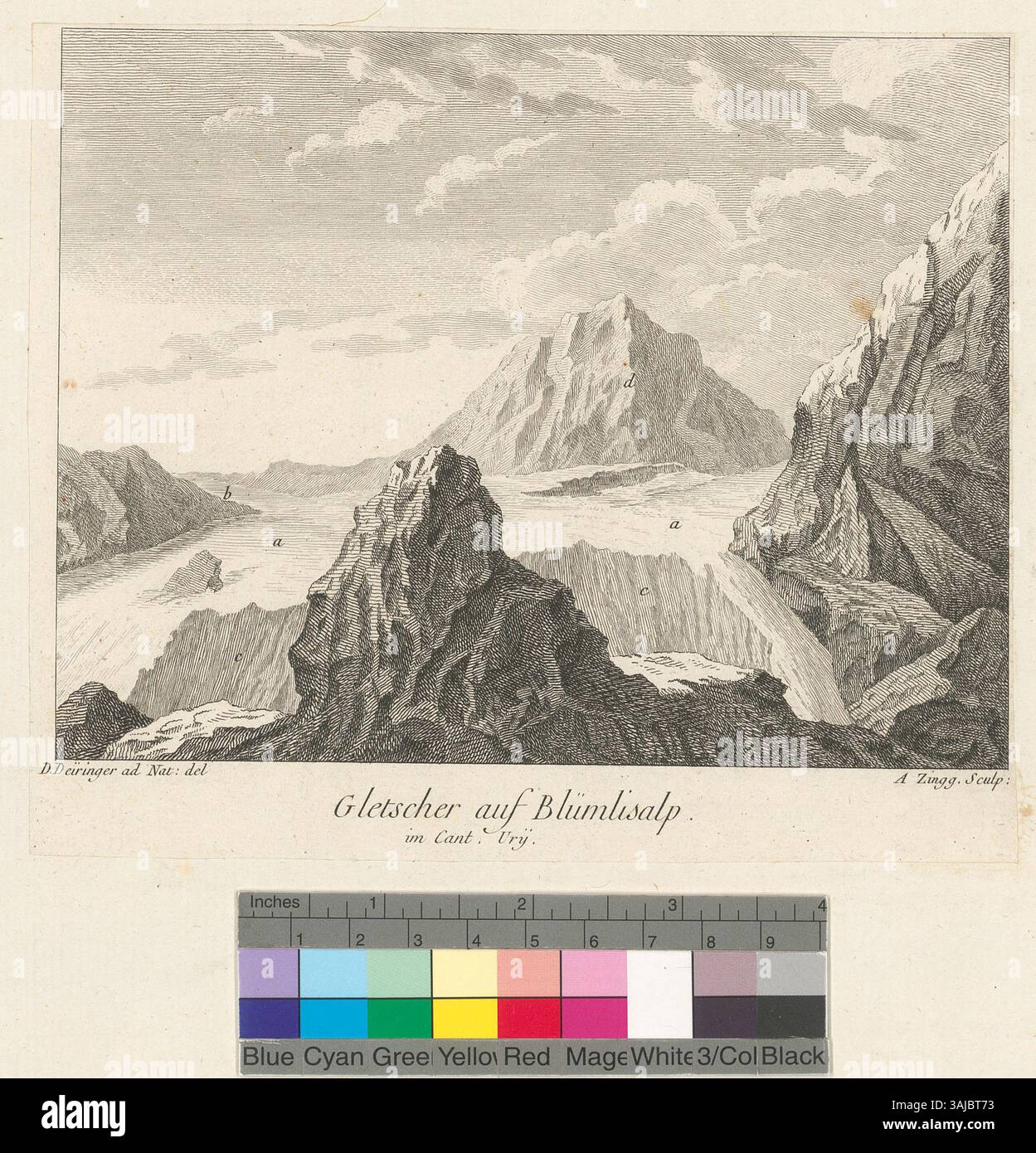 This etching depicts the glaciers on Blüemlisalp in the Canton of Uri ...