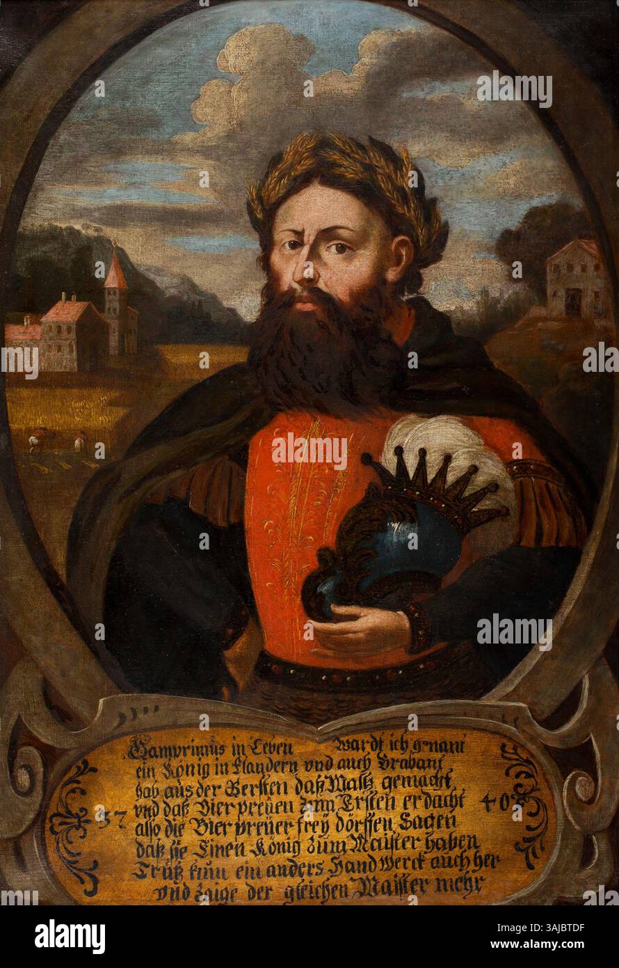 This 18th-century oil on canvas painting portrays Gambrinus, the ...