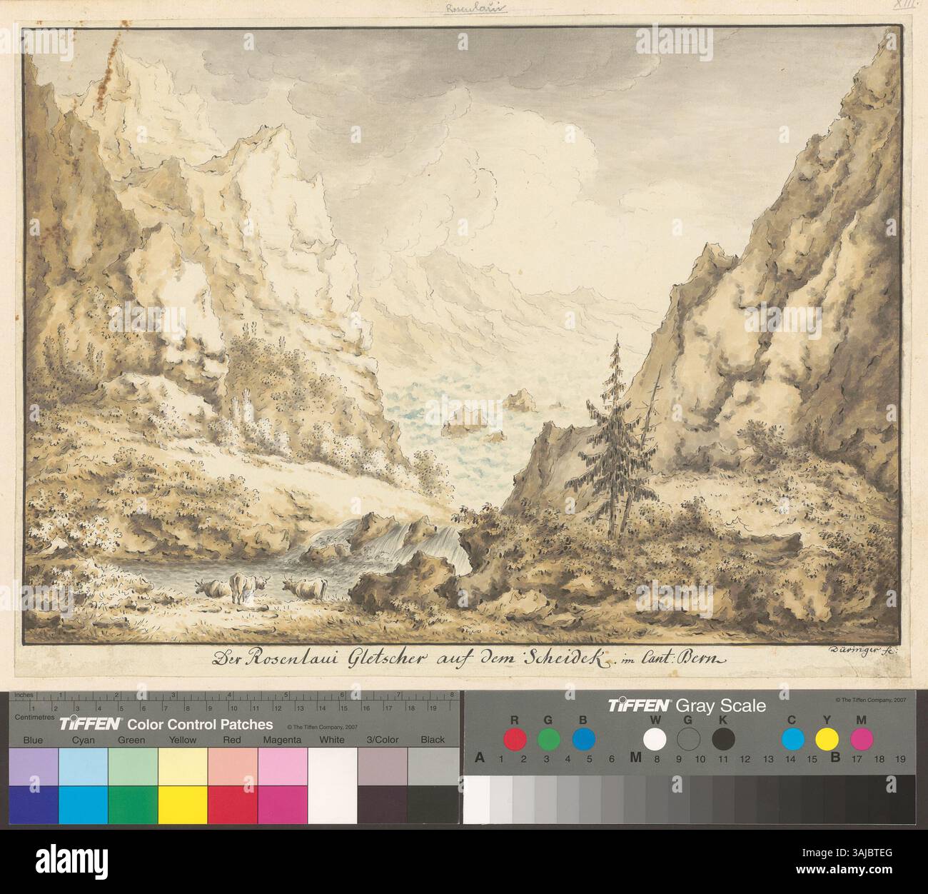A mid-18th century drawing showing the Rosenlaui Glacier and ...