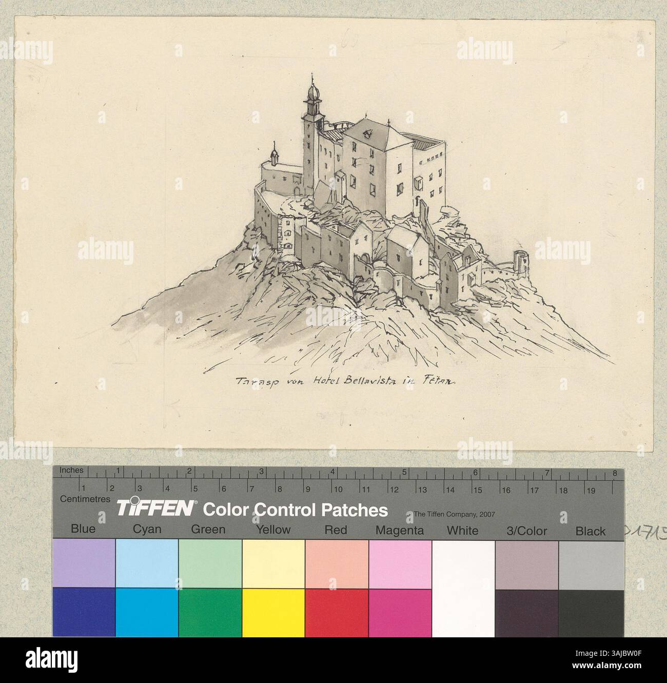 This print depicts an exterior view of Tarasp Castle in the Tarasp ...