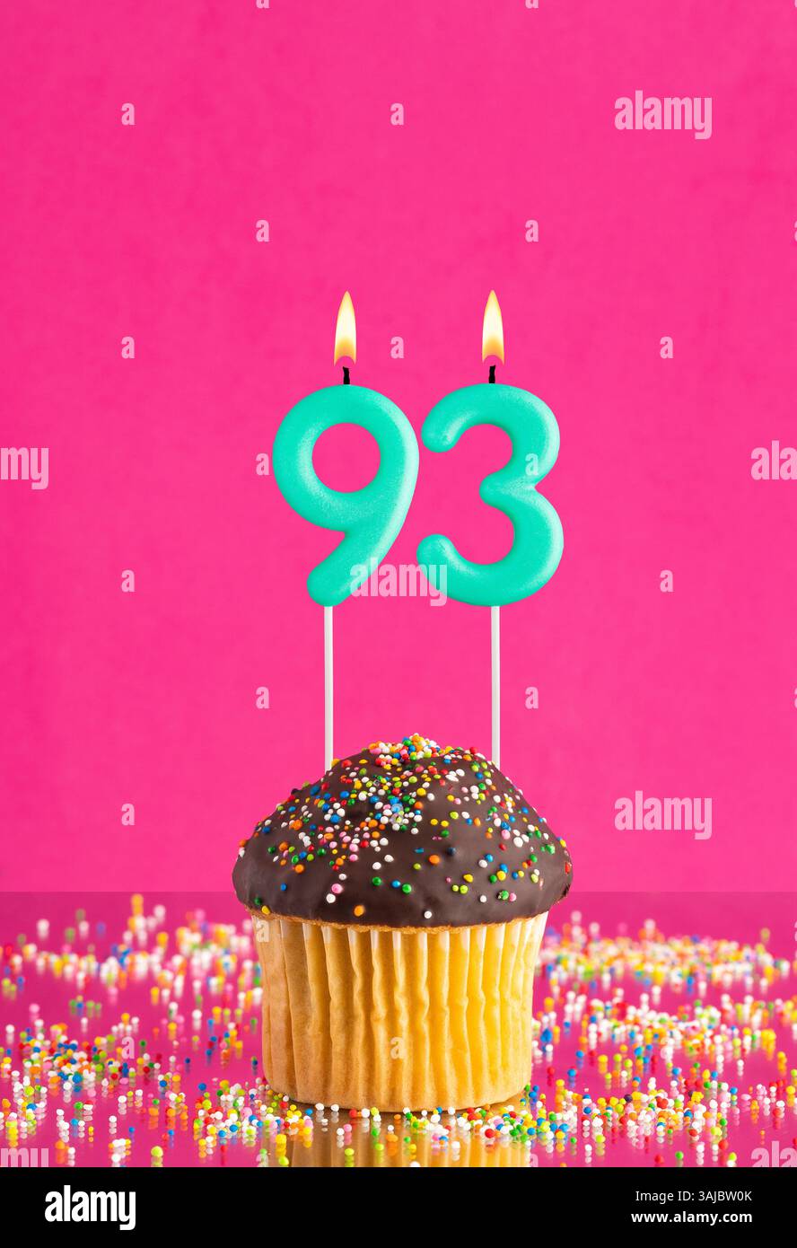 Birthday cupcake with number 93 candle - Celebration card on fuchsia ...