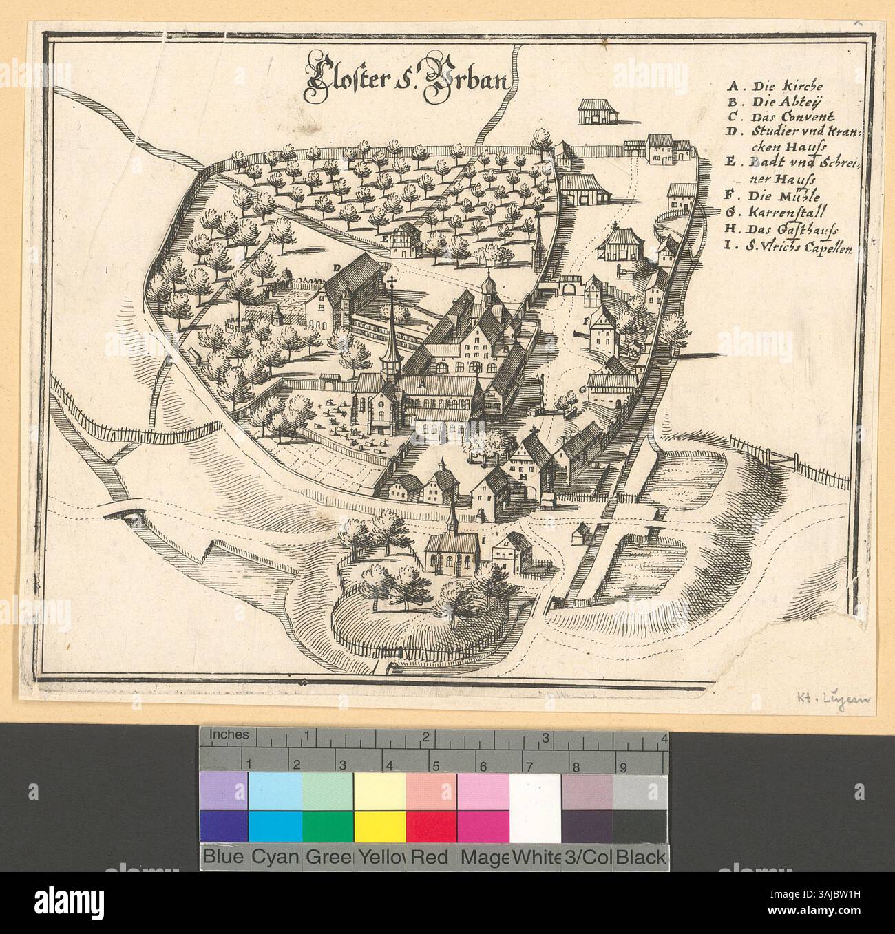 A 1642 etching by Caspar Merian depicting the monastery of Sankt Urban ...