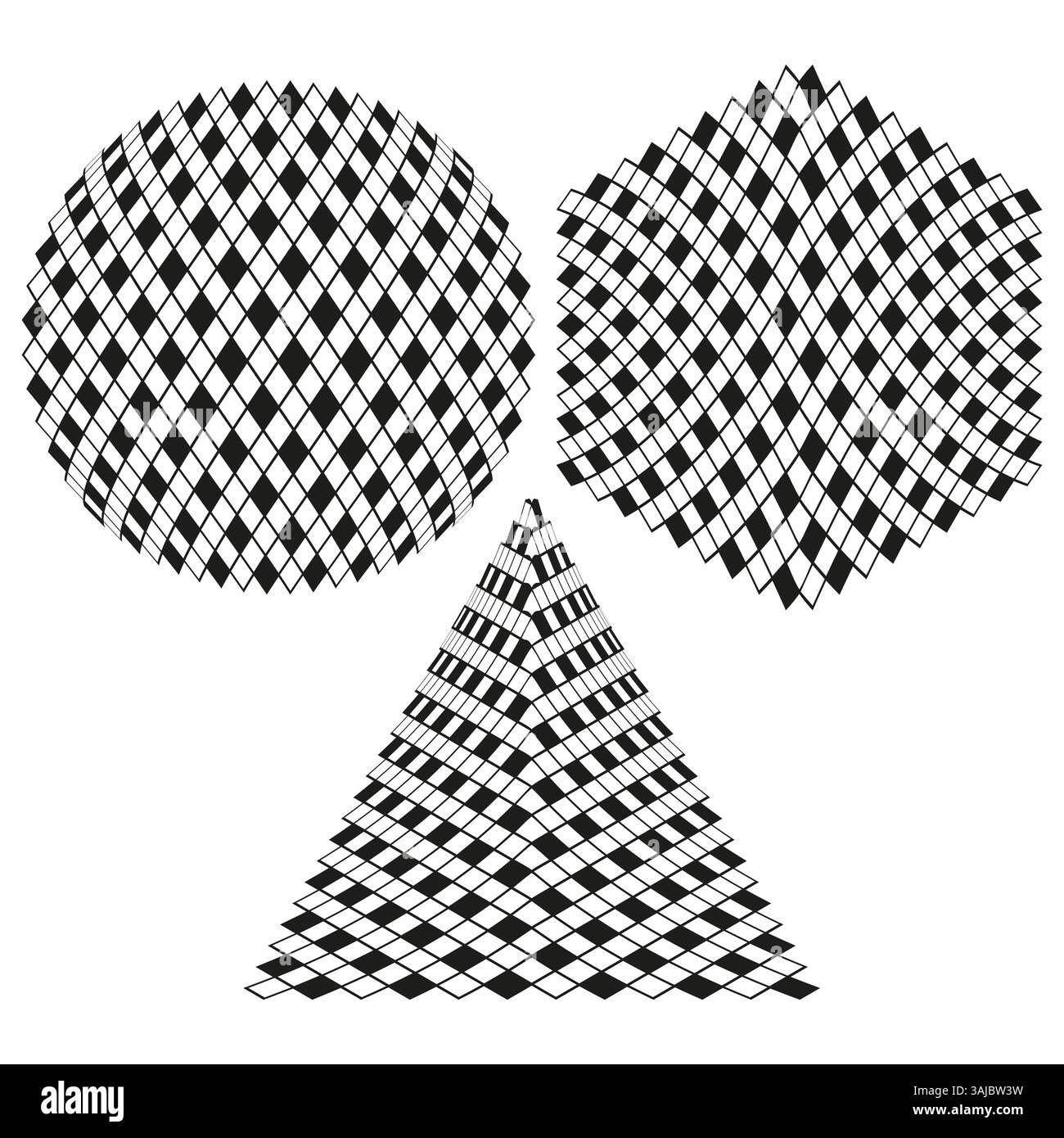 Diamond warped shapes. Optical illusion vector. Twisted mesh geometry. Abstract black design ...