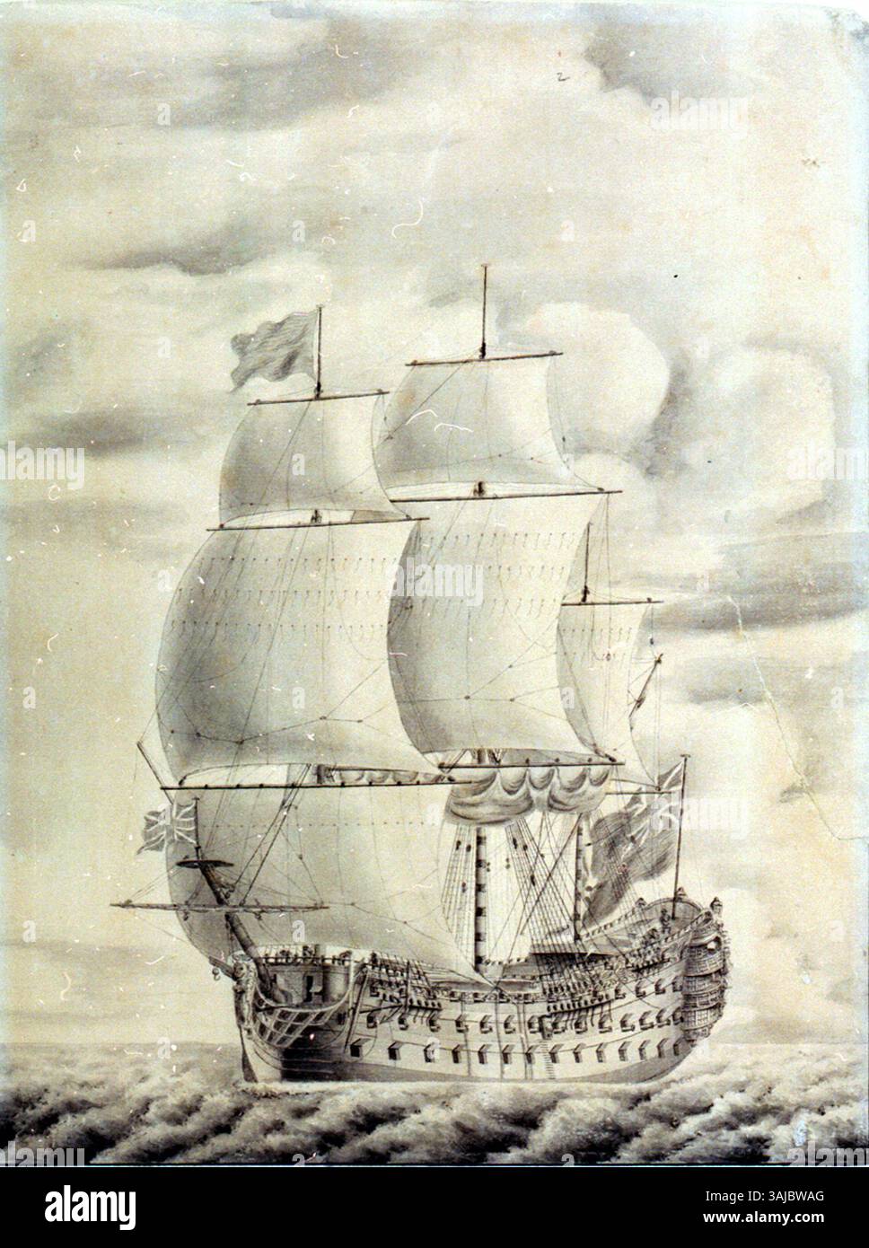 A port bow view of the English ship Prince George, 90 guns, under sail ...