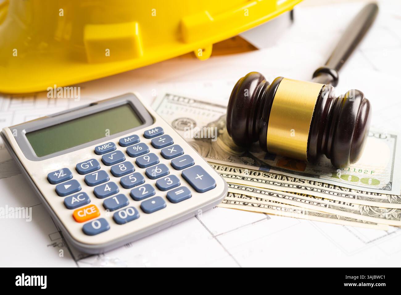 Architectural house plan project blueprint and Judge gavel hammer with ...