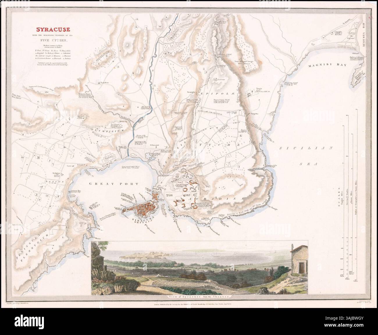 An 1839 map of Syracuse, Sicily, created by the Society for the ...