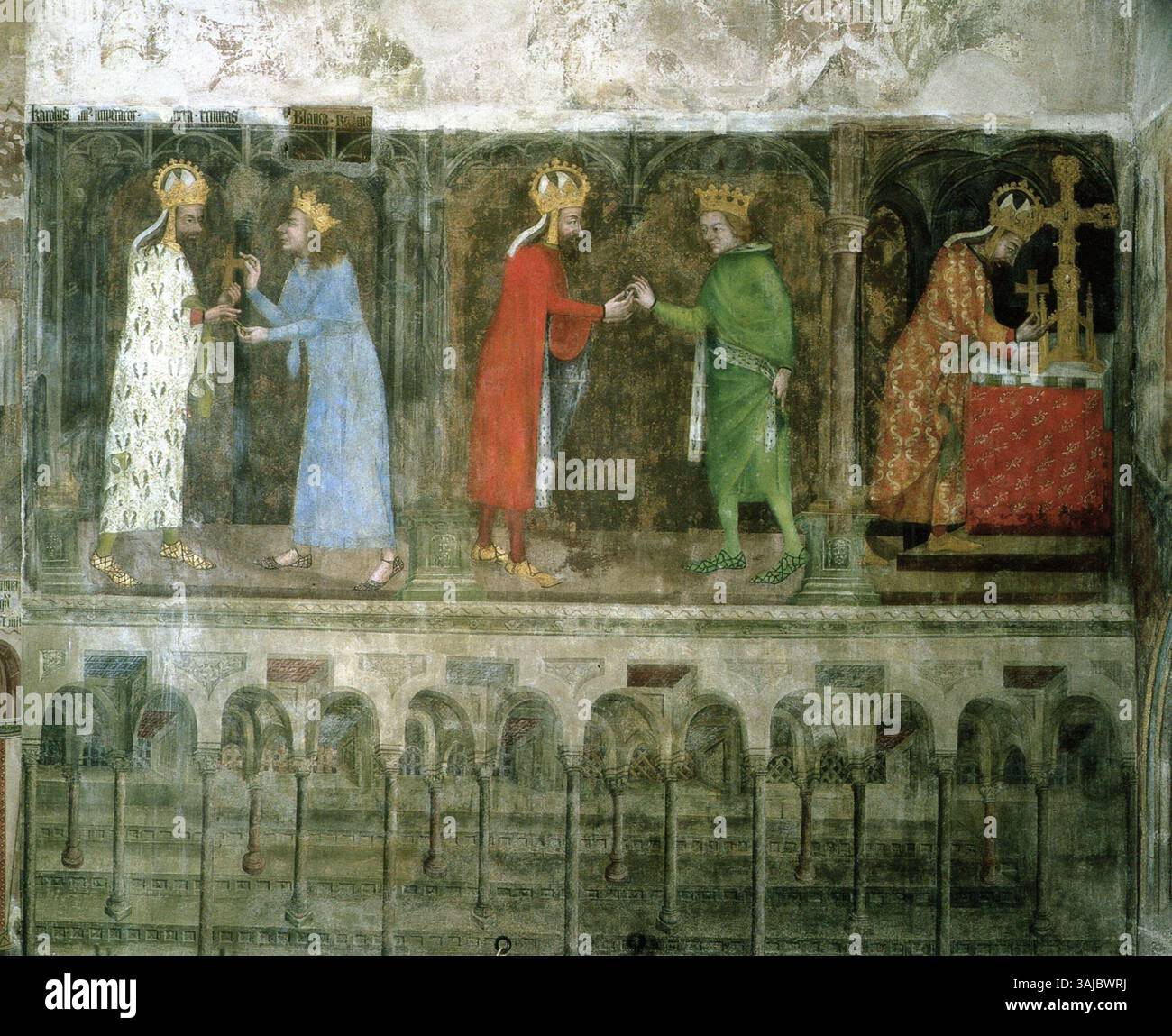 This fresco, attributed to Nicholas Wurmser, depicts scenes from the ...