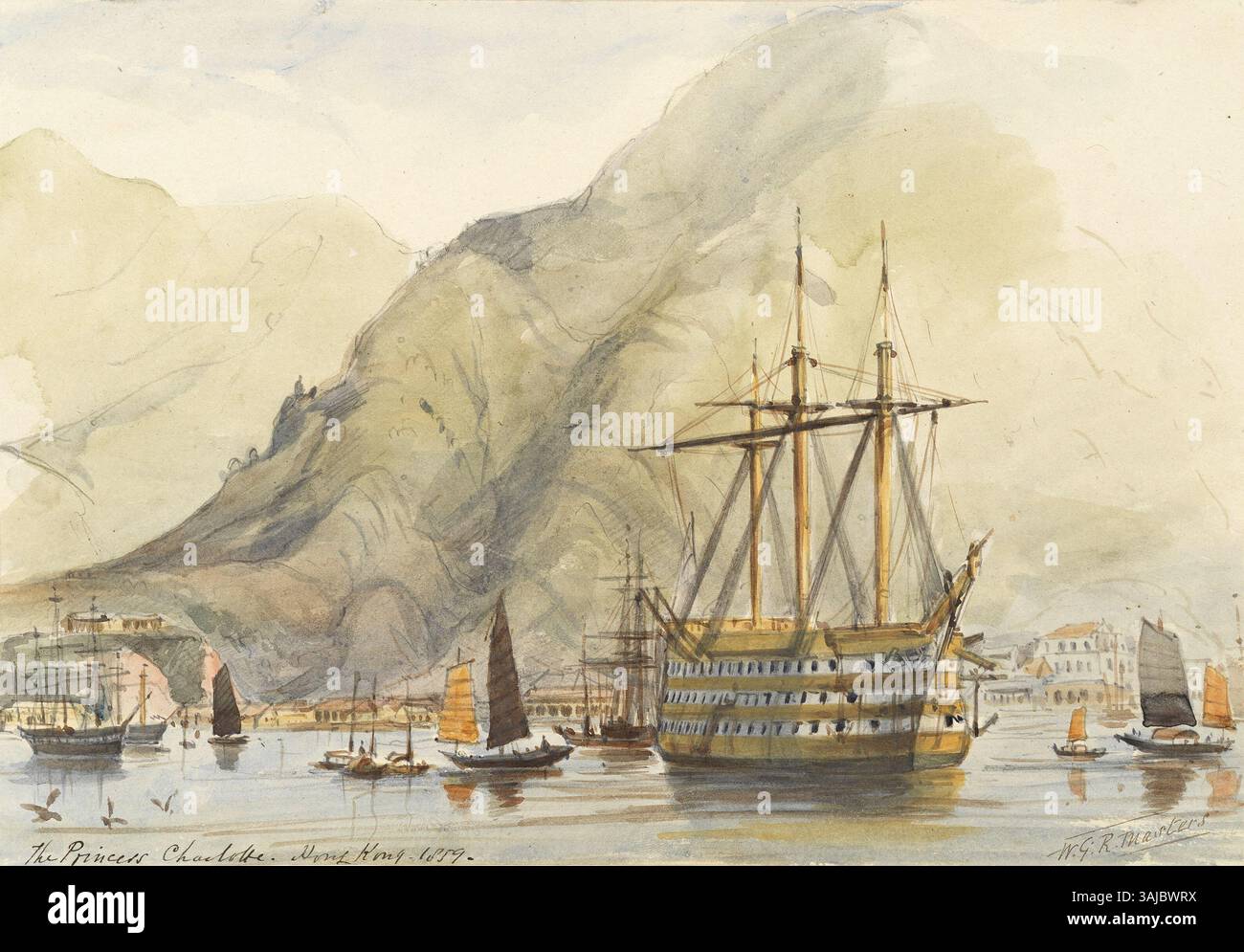 The watercolour depicts HMS Princess Charlotte in Hong Kong in 1859, part of Lt. Col. William ...