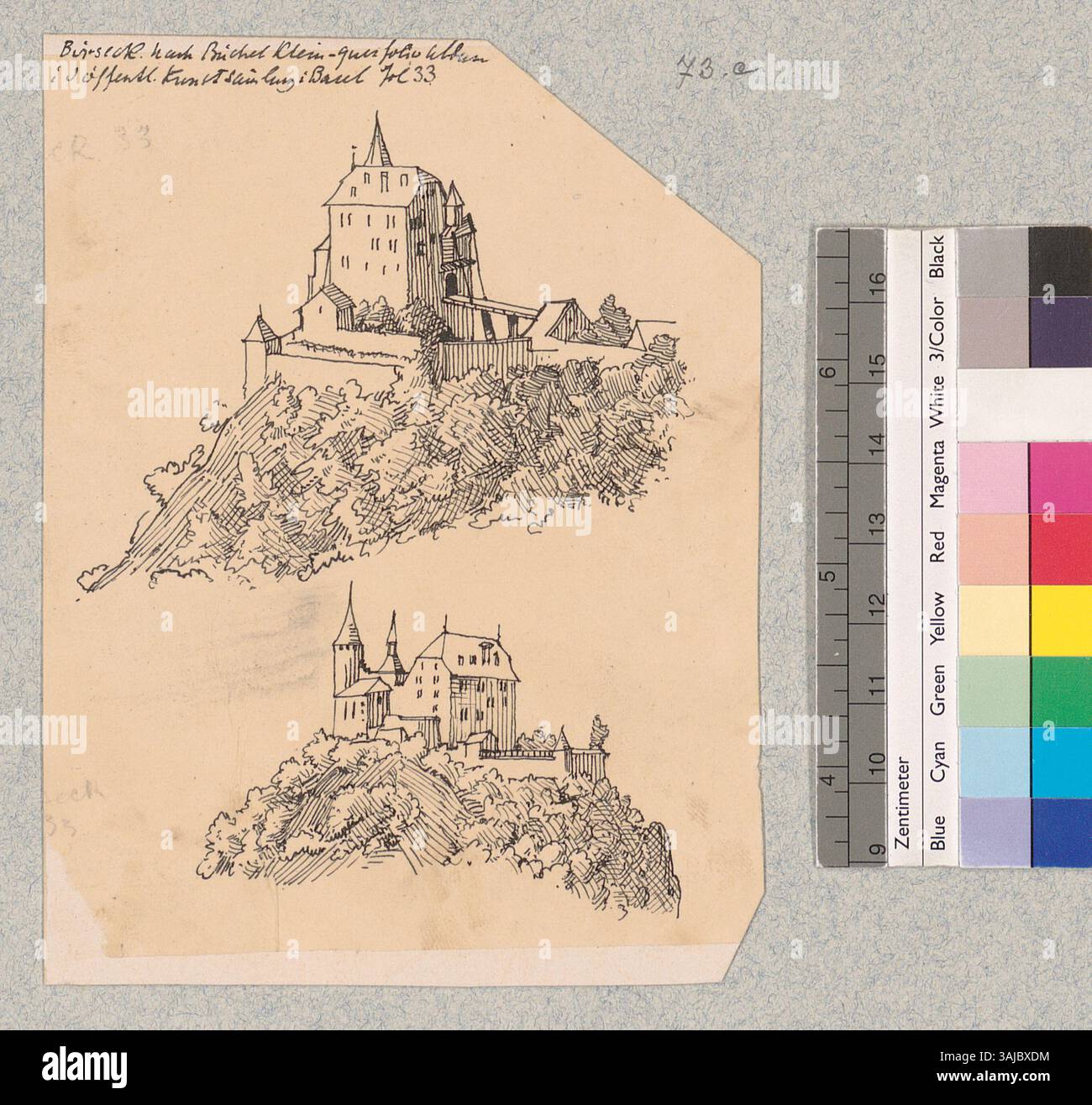 This image presents two external views of Birseck Castle in Arlesheim ...