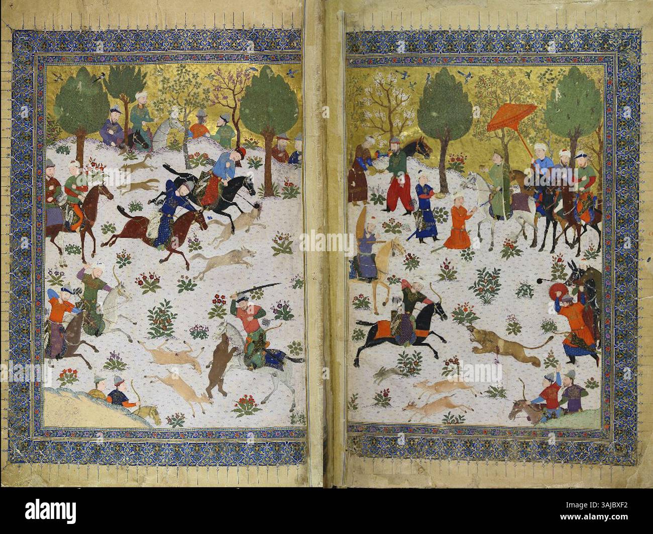 The frontispiece of the 1430 Shahnama manuscript depicts a royal ...