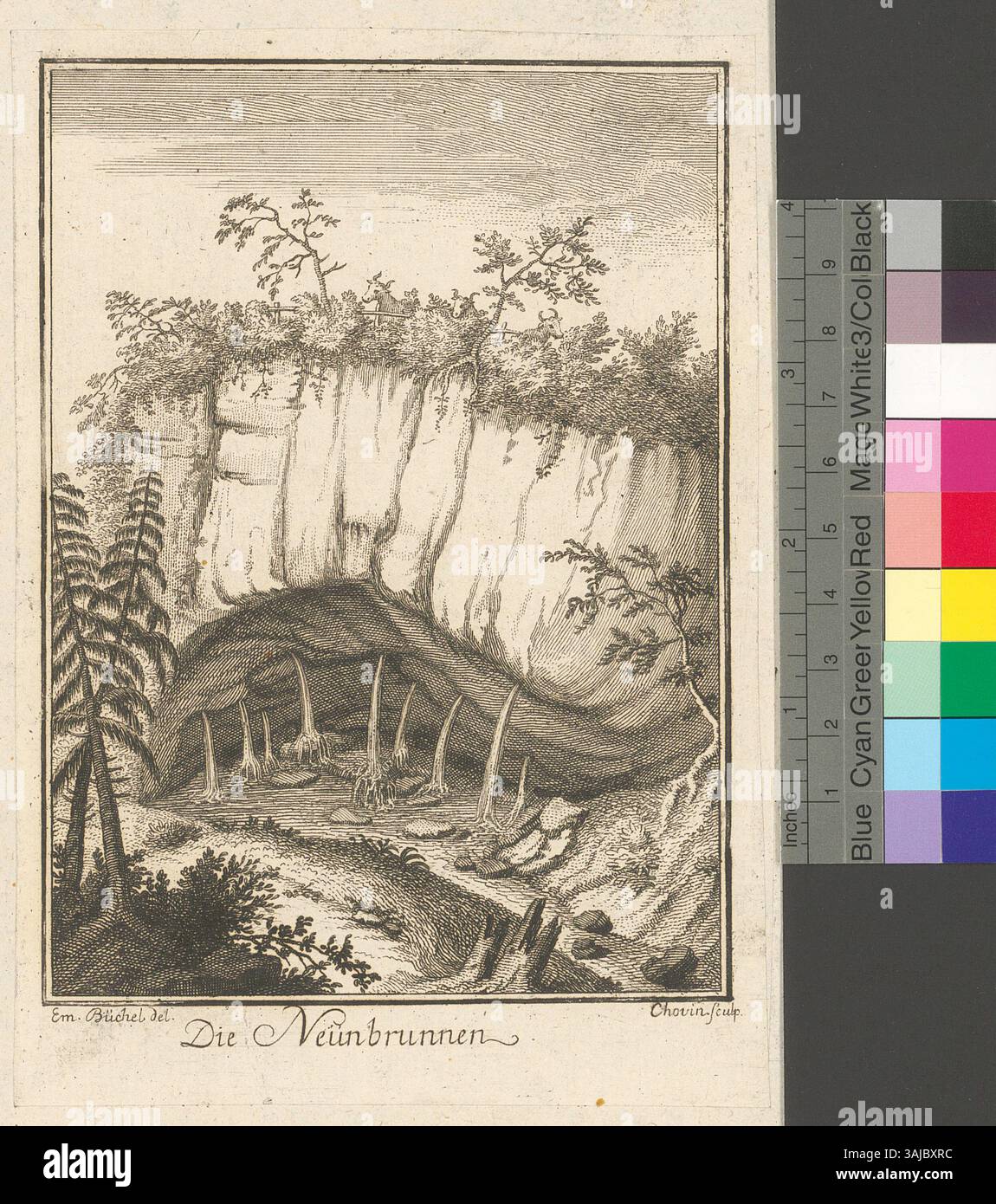 An engraving depicting Die Neünbrunnen, created by Emanuel Büchel and ...