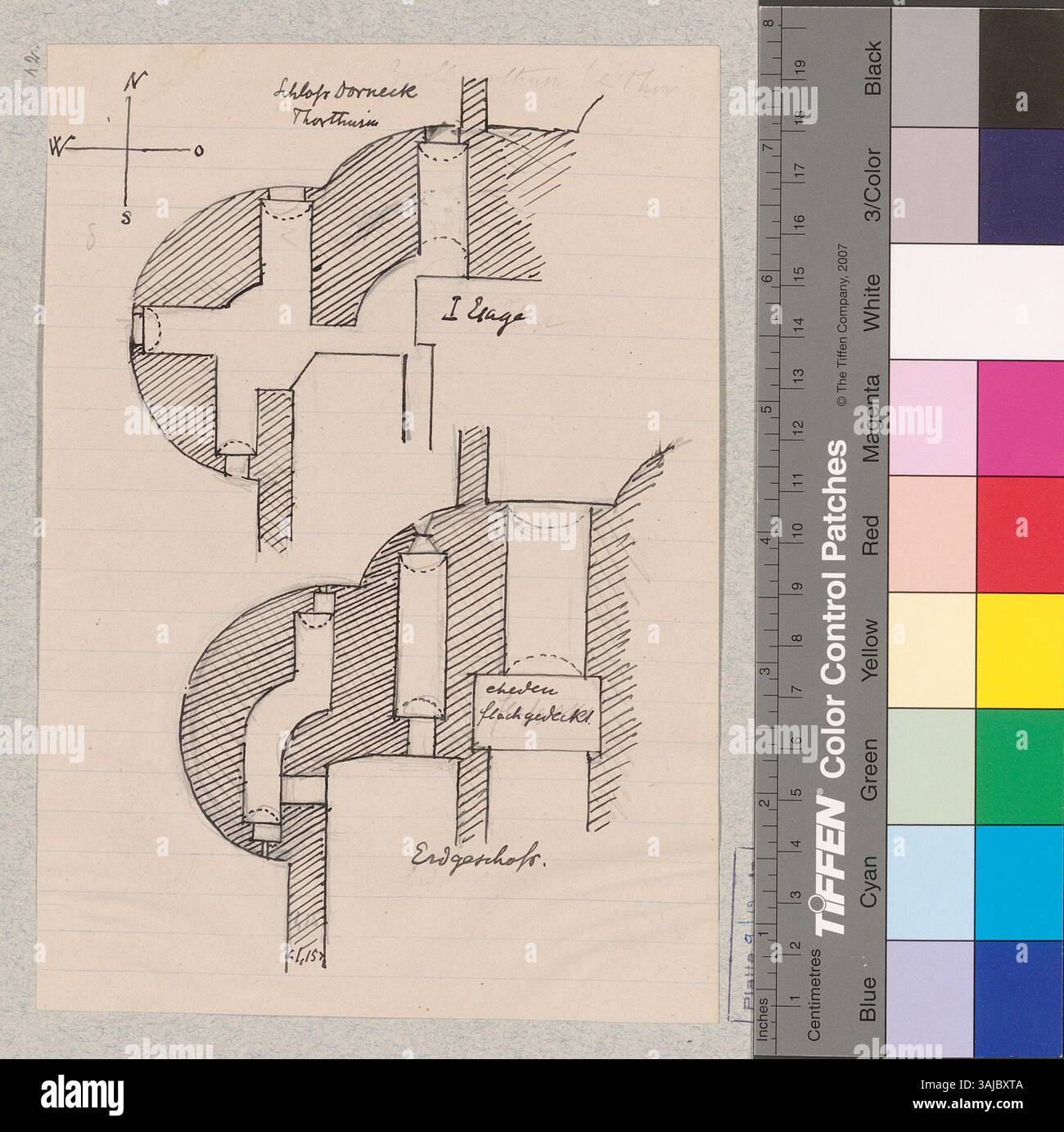 The drawing depicts two sections of the floor plan of Dorneck Castle in ...