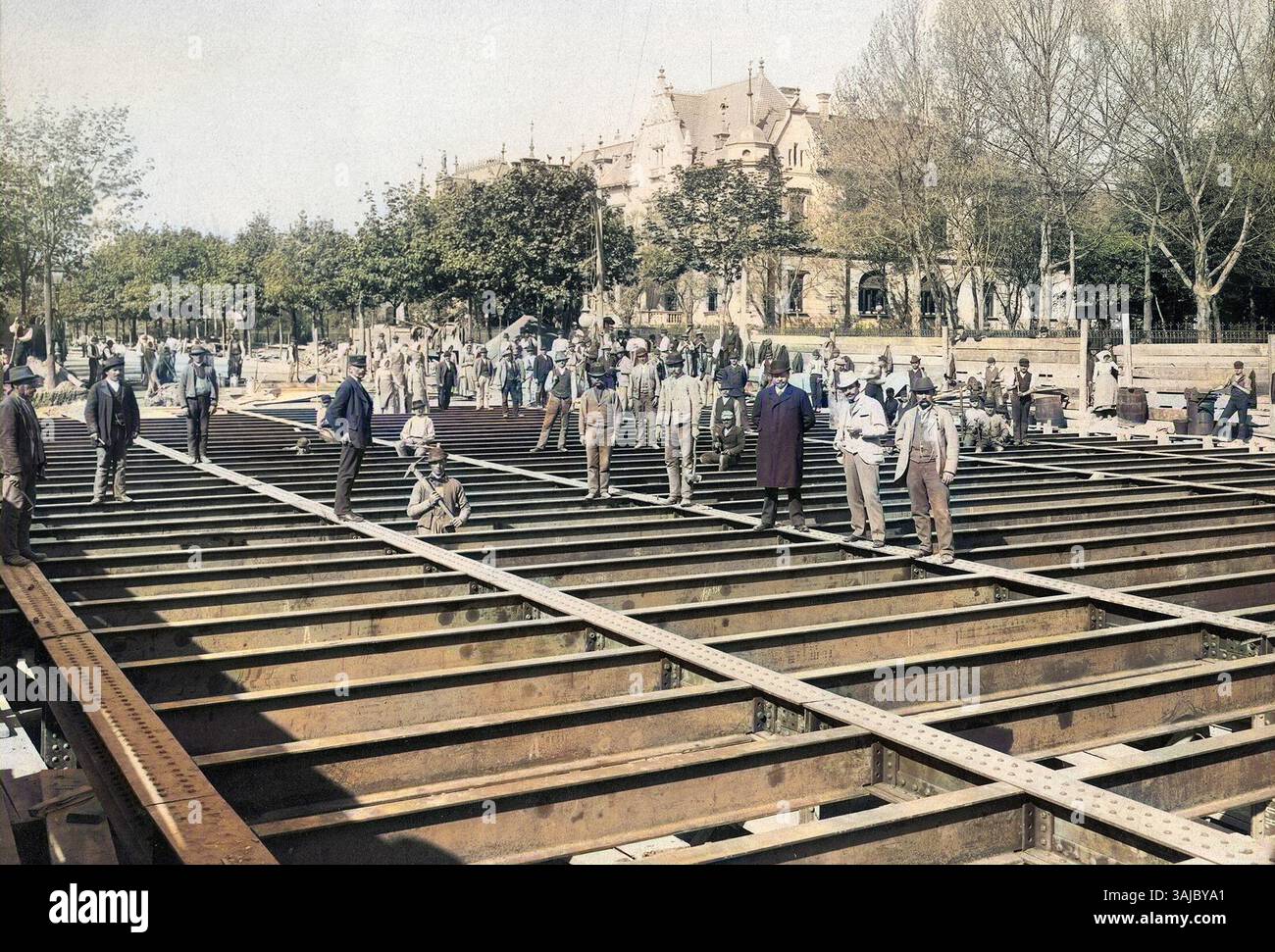 This colorized image captures the construction of the first Hungarian ...