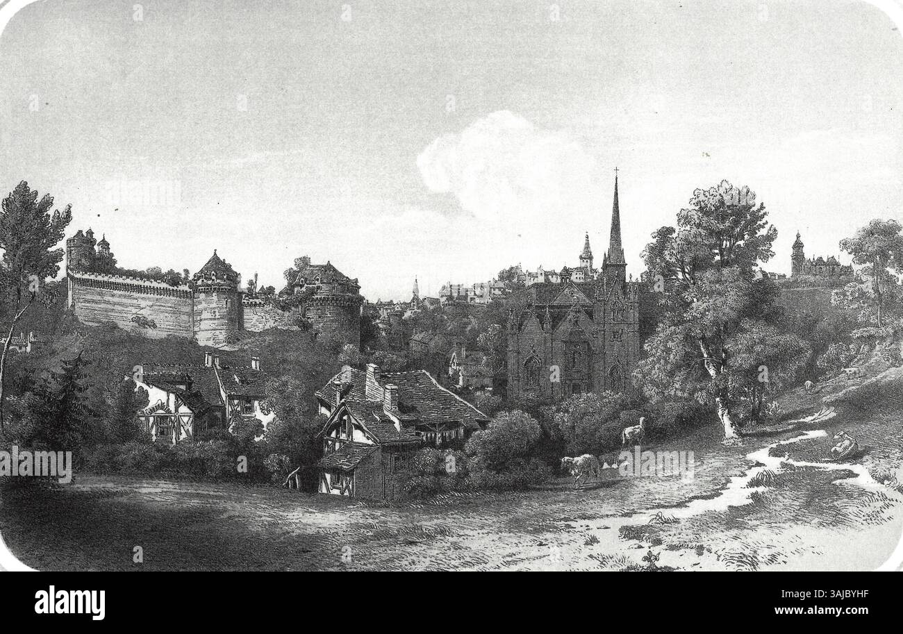 This 1856 landscape painting by Thomas Drake depicts a view of Fougères ...