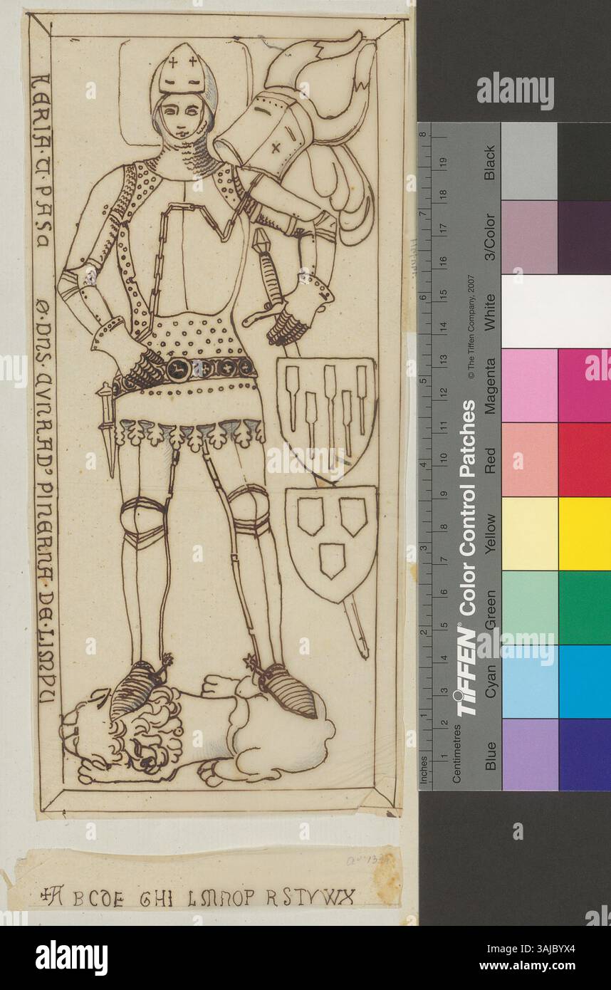 A 14th-century grave slab, depicted in a drawing by Johann Rudolf Rahn ...
