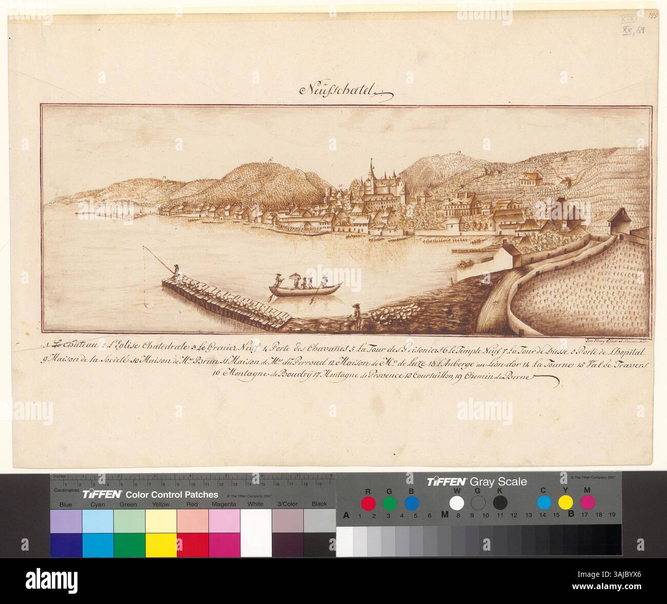 A drawing created between 1750 and 1800 depicting the city of Neuchâtel ...