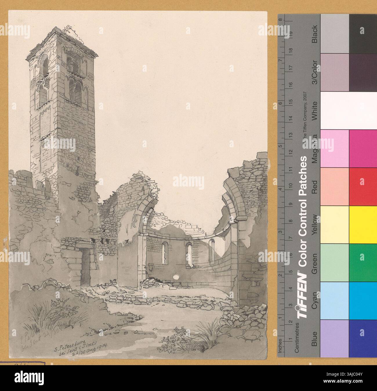 This drawing shows an exterior view of the ruins of St. Peter Church in ...