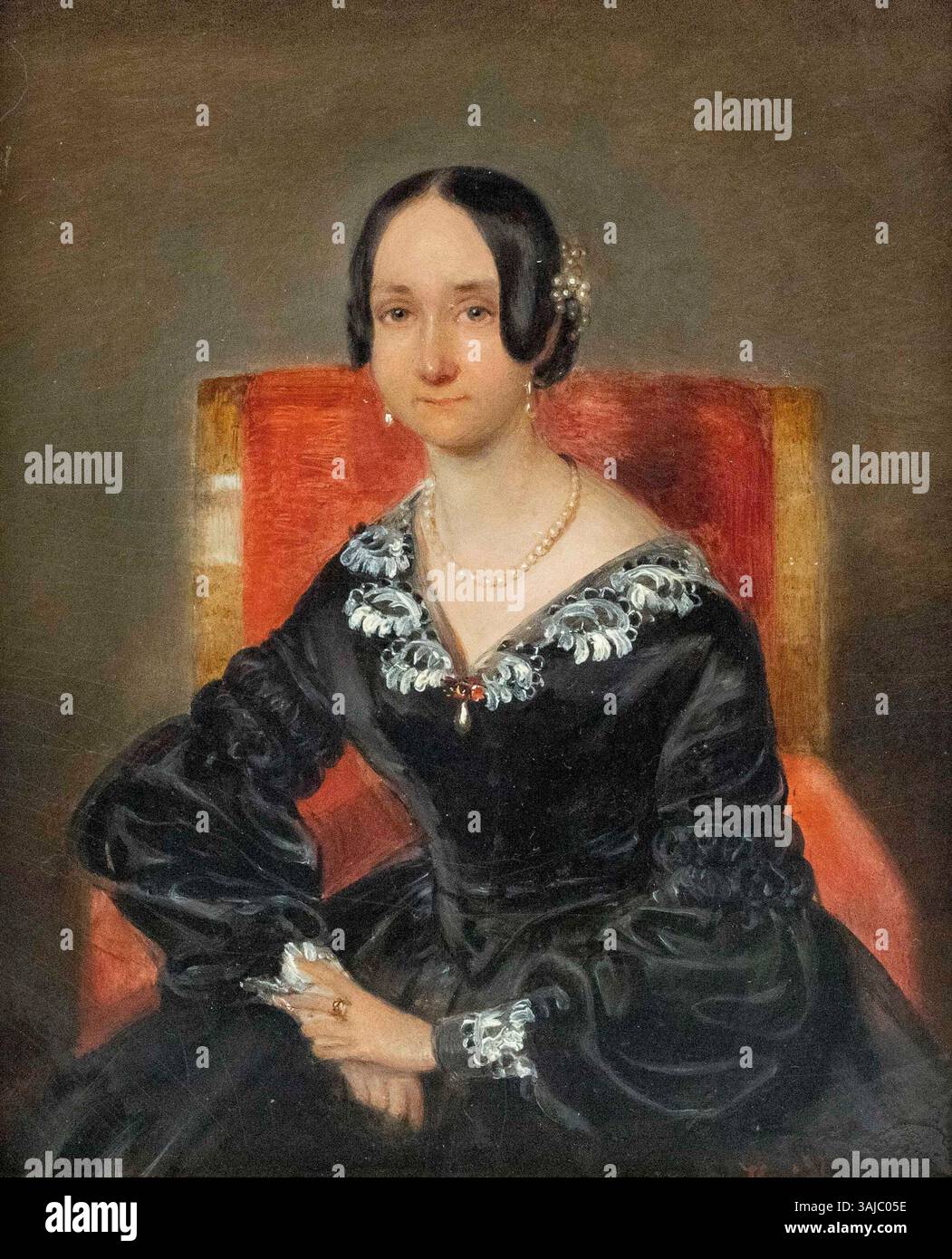 A portrait of a lady in black with white ruffles, painted in oil on ...
