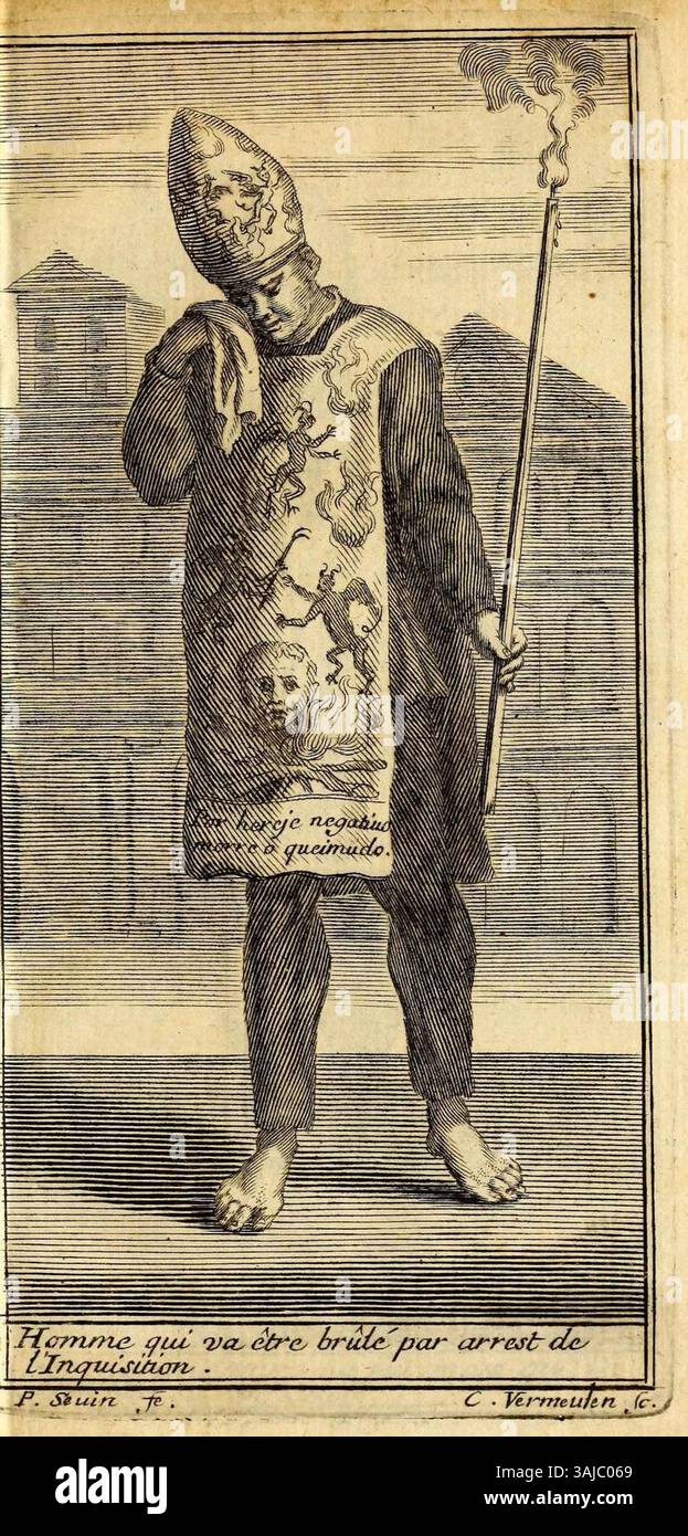 An etching depicting a man being condemned to be burned at the stake ...