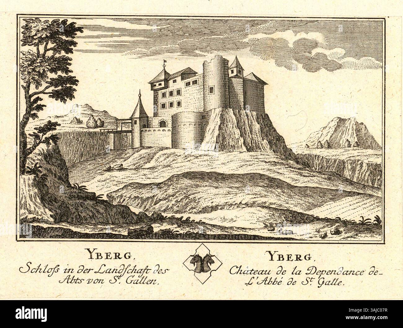 This 1755 etching depicts Yberg Castle in the landscape of the Abbot of ...