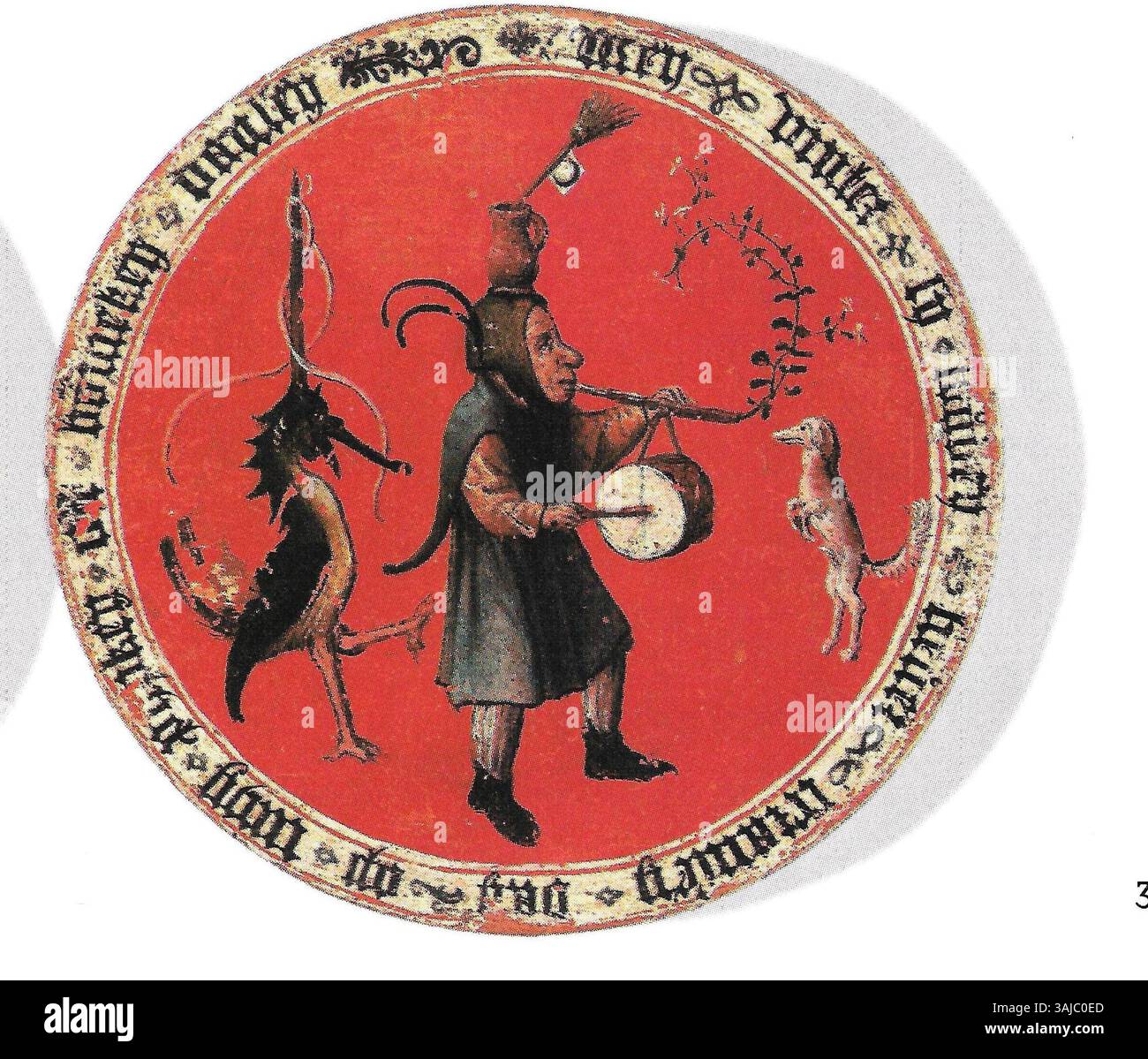 This roundel shows a man in a feathered hood playing a pipe and drum ...