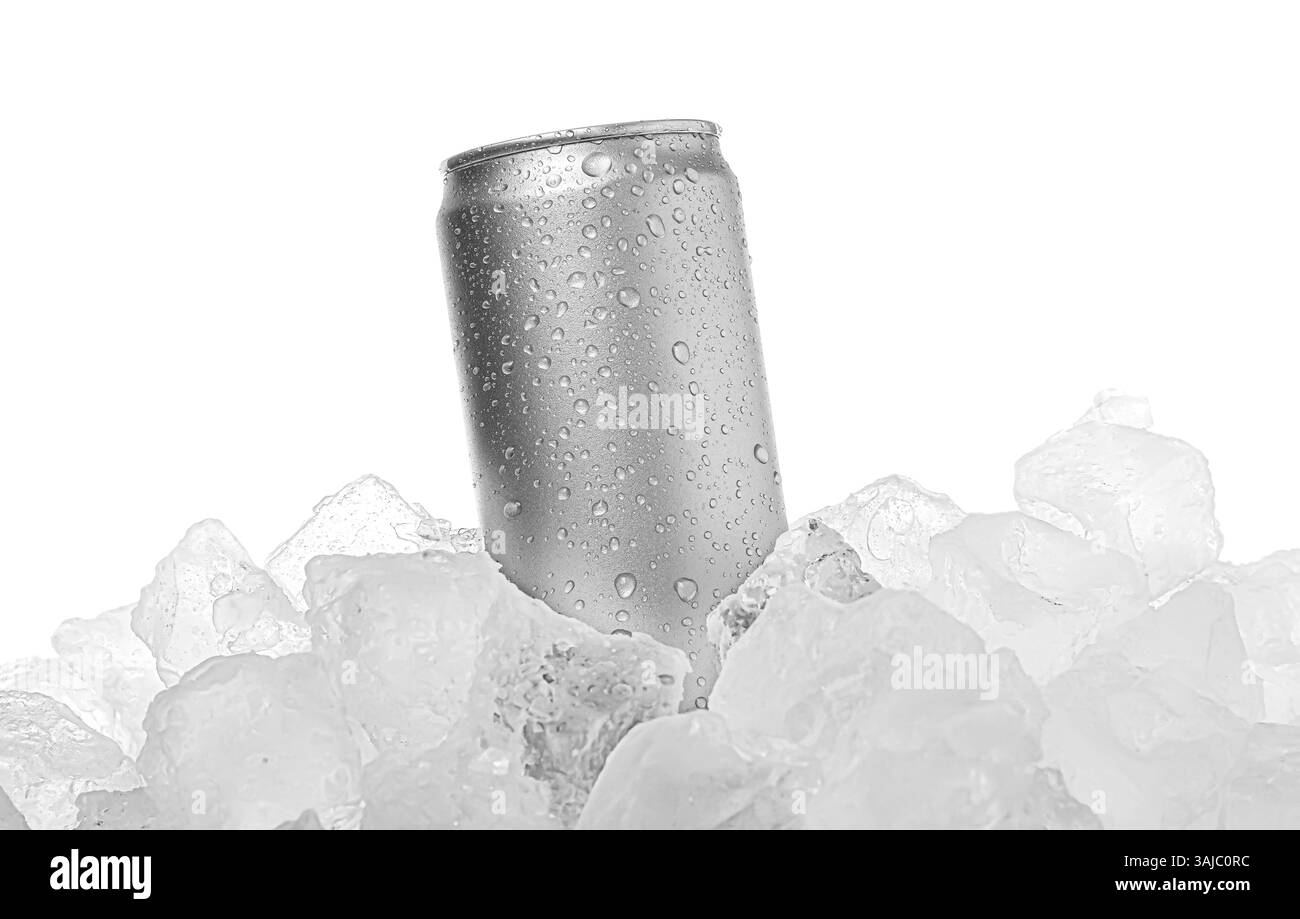 Refreshing drink in can on ice cubes against white background Stock ...