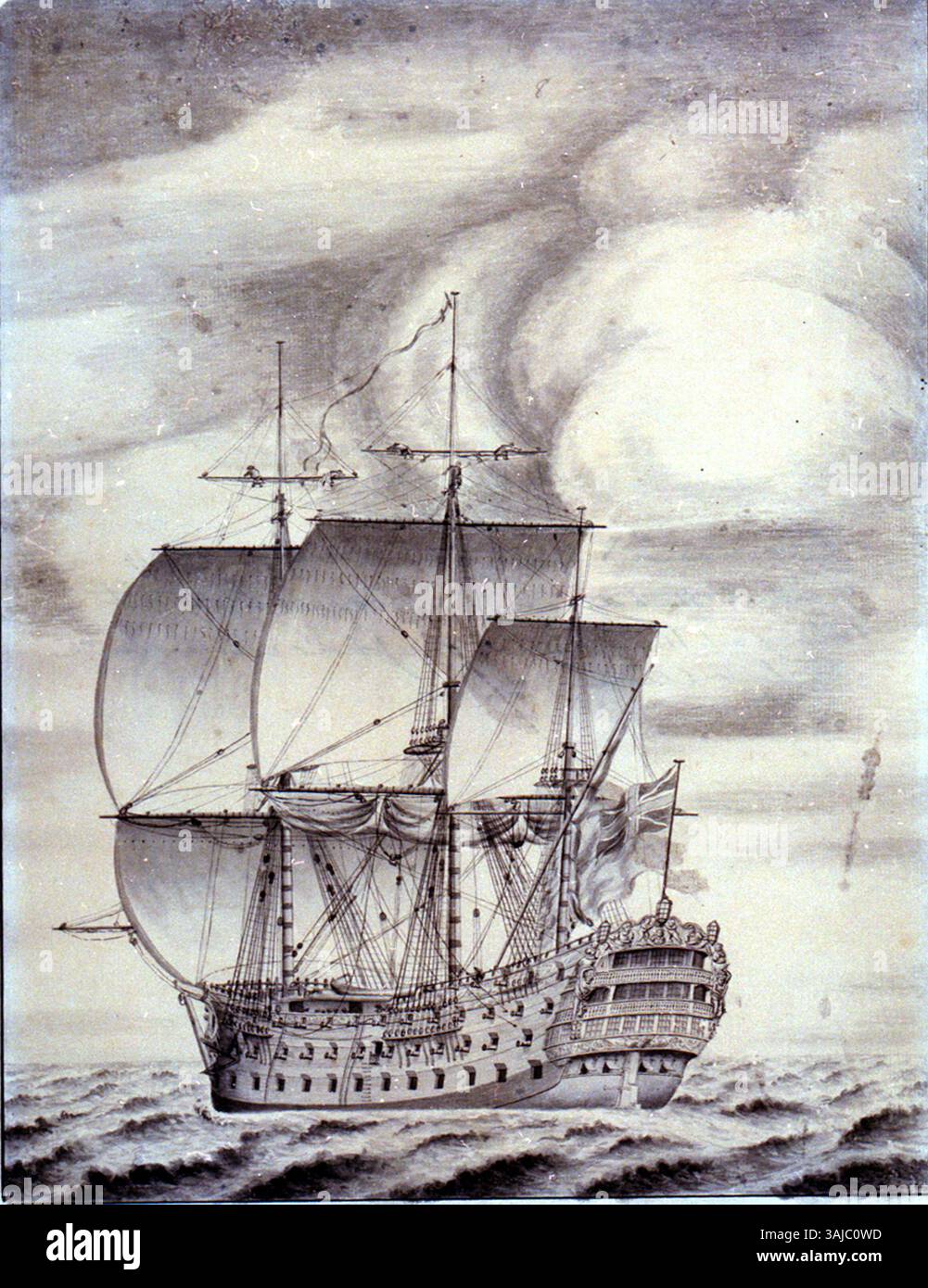 A pen and ink drawing from 1744 depicting the British ship Marlborough ...