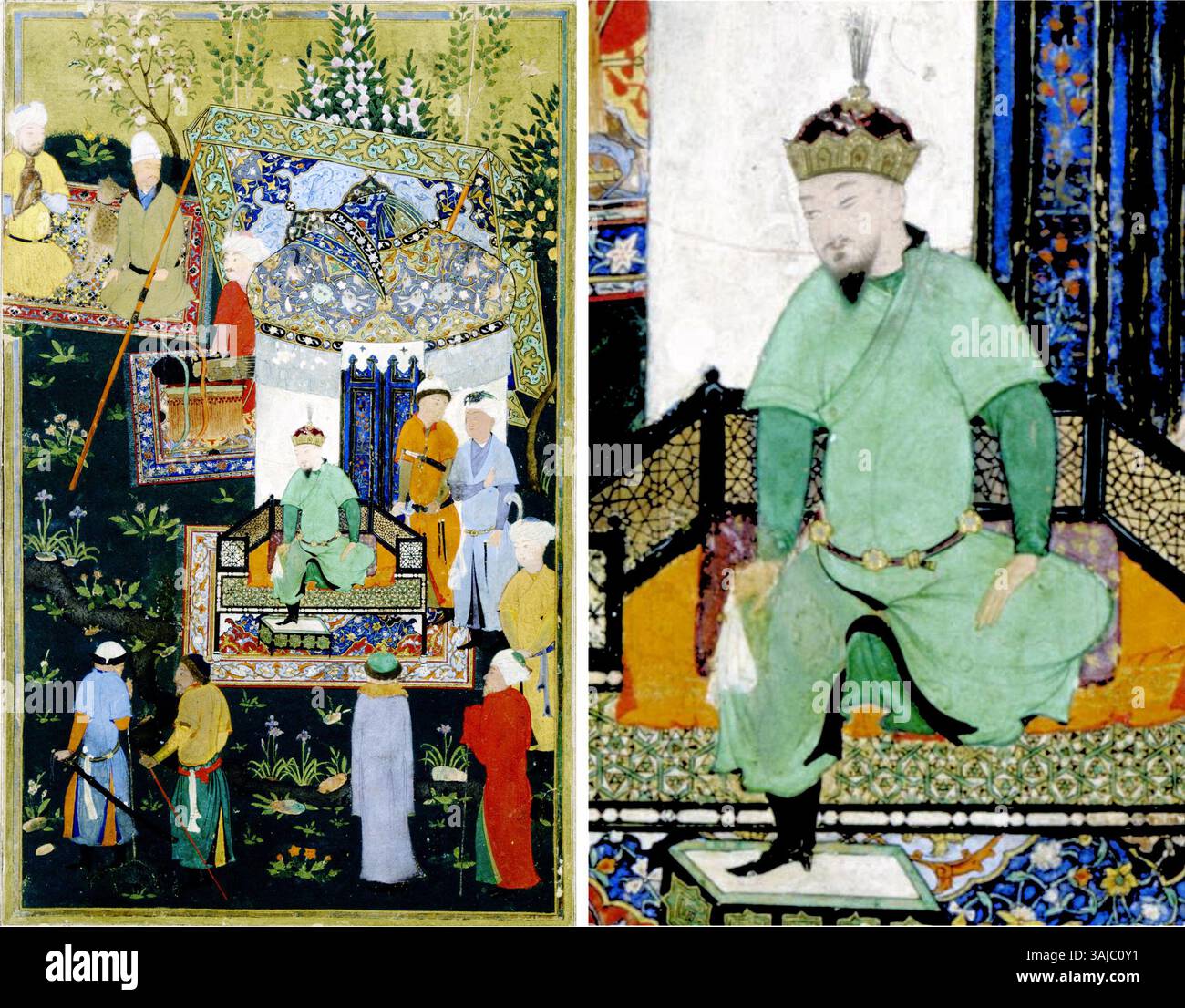 A 1467 illustration from the Zafarnama depicting Timur granting an ...