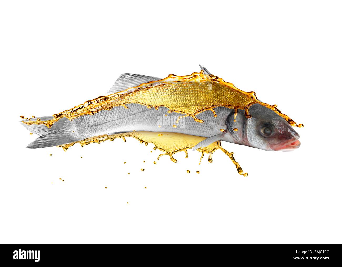 Fresh fish in oil splash on white background Stock Photo - Alamy