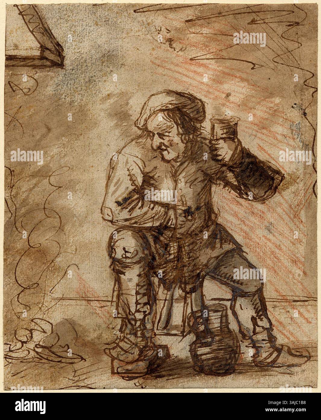 Adriaen Brouwer's work, 'A Peasant Seated Drinking by a Fire' (1620 ...