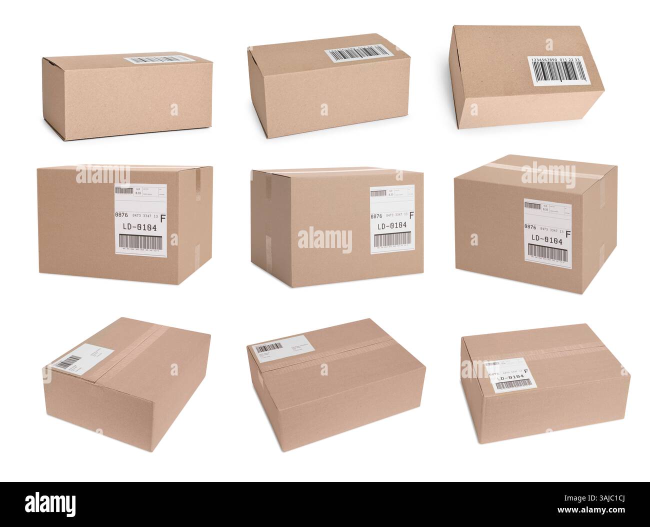 Many different parcels with shipping labels isolated on white, collage ...