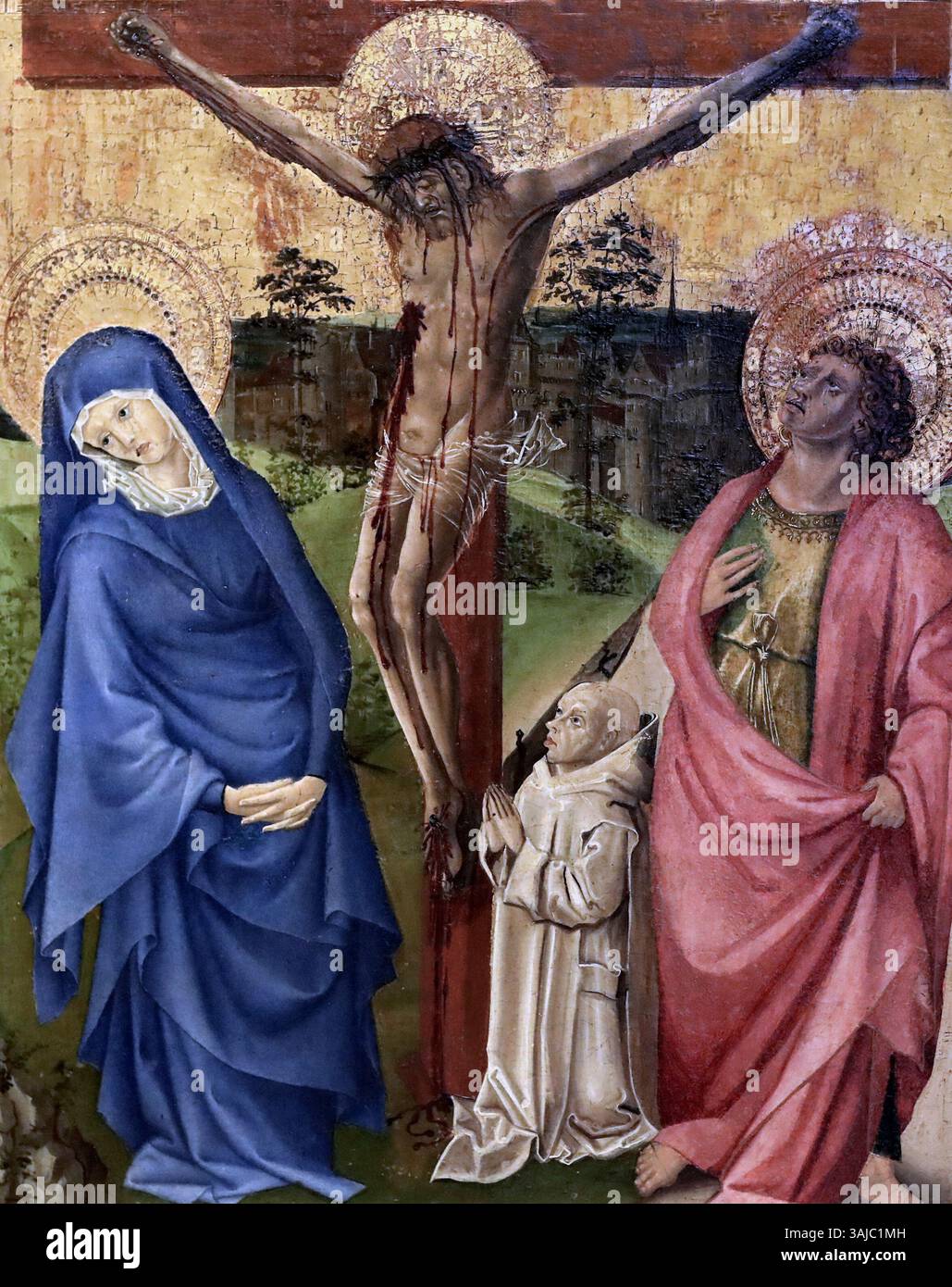 This 1430s oil painting, 'Calvaire au moine chartreux', depicts a monk ...