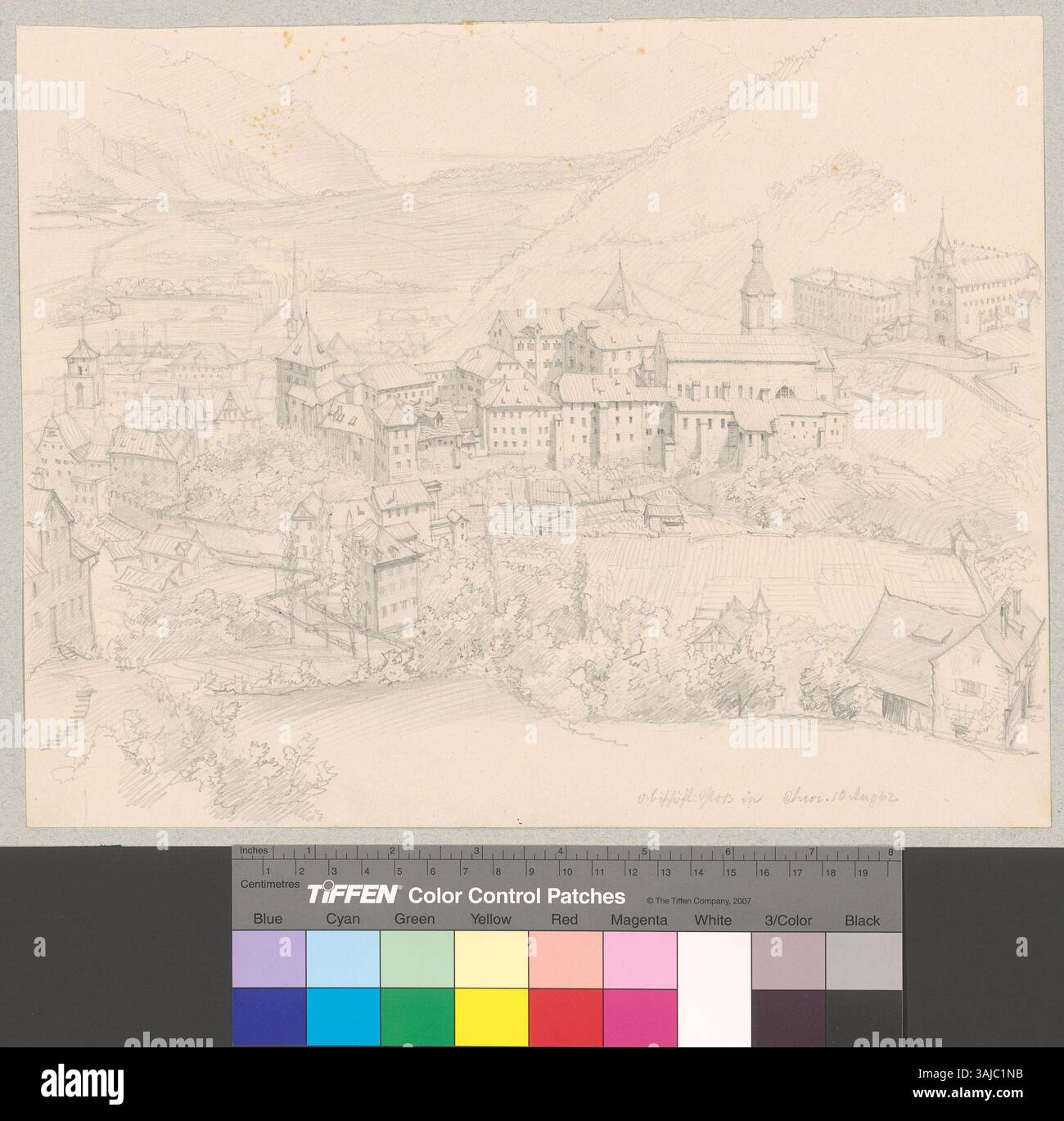 A 1862 painting by Johann Rudolf Rahn of the episcopal palace in Chur ...