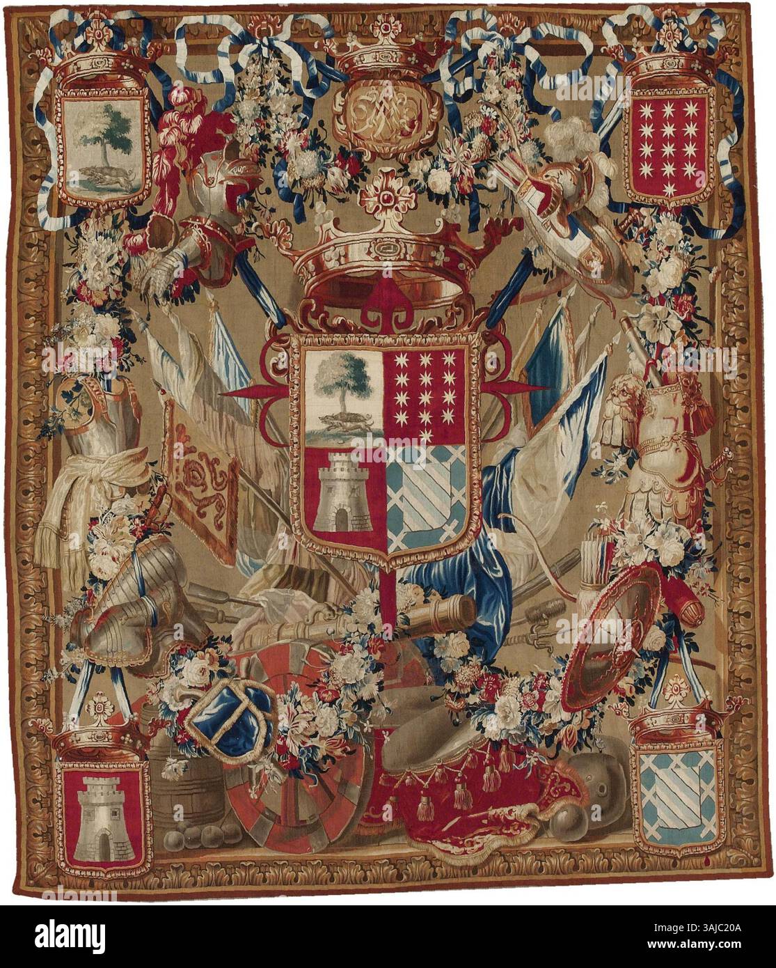 This 17th-century Brussels tapestry features a crowned armorial shield ...