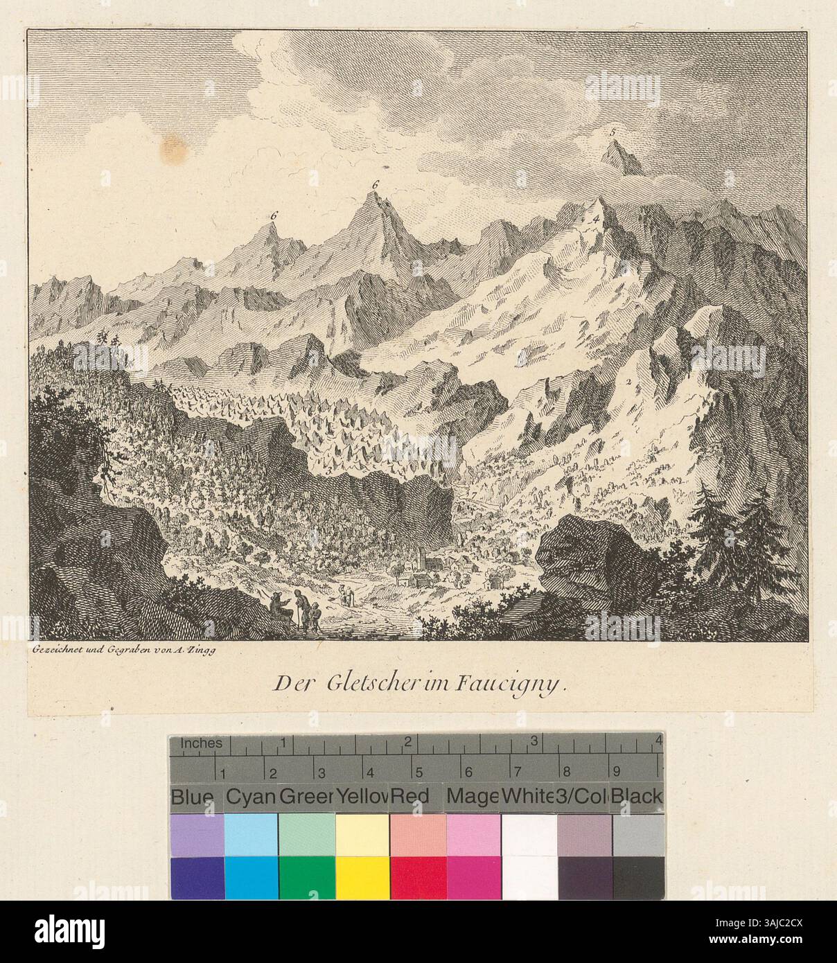 An etching by Adrian Zingg, published in 1760, showing the glacier in ...