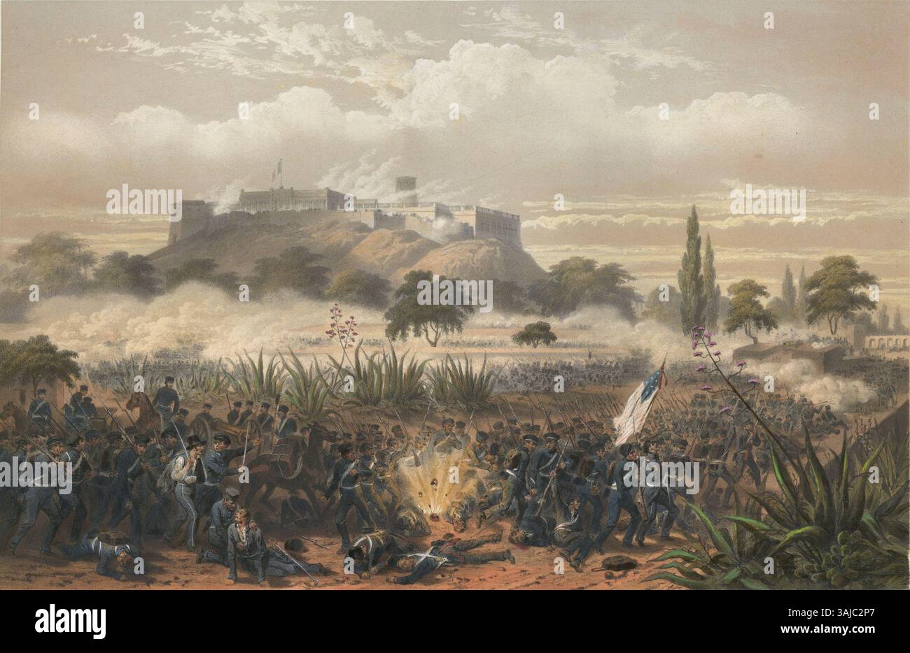This hand-colored lithograph depicts Quitman's attack during the storming of Chapultepec on ...