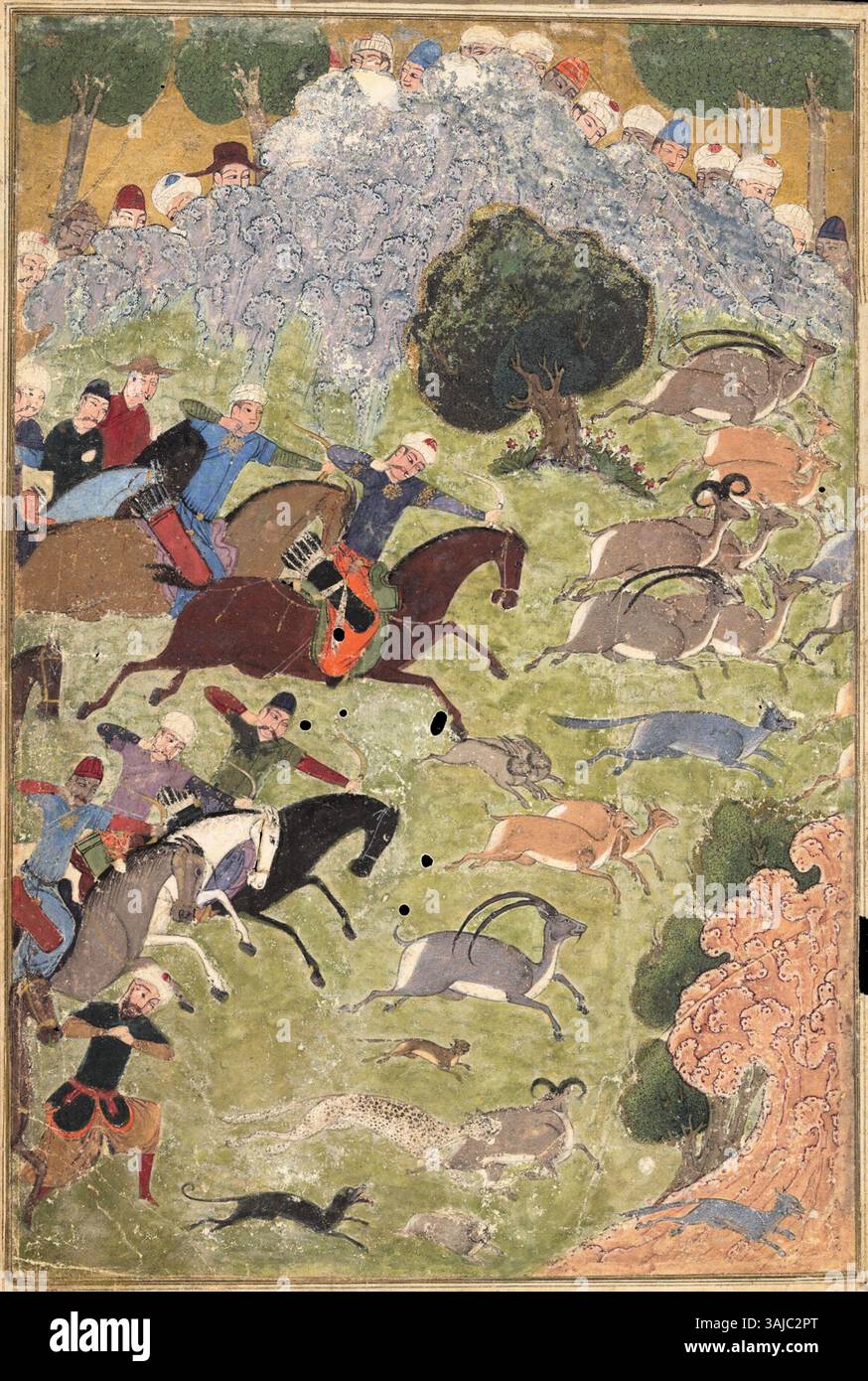 The illustration depicts Ibrahim Sultan on a hunting expedition, where ...