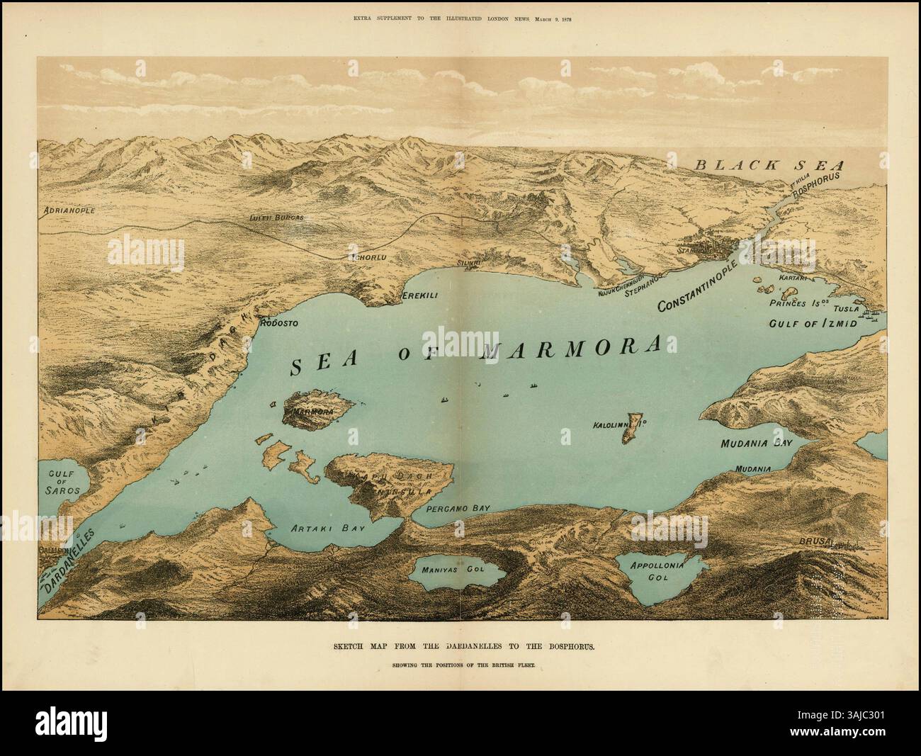 A bird's eye view map of the Sea of Marmara from 1878, showcasing the ...