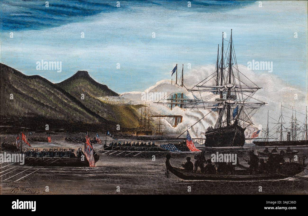 This 1880 painting by Oliver Littlefield depicts Bluejackets landing in ...