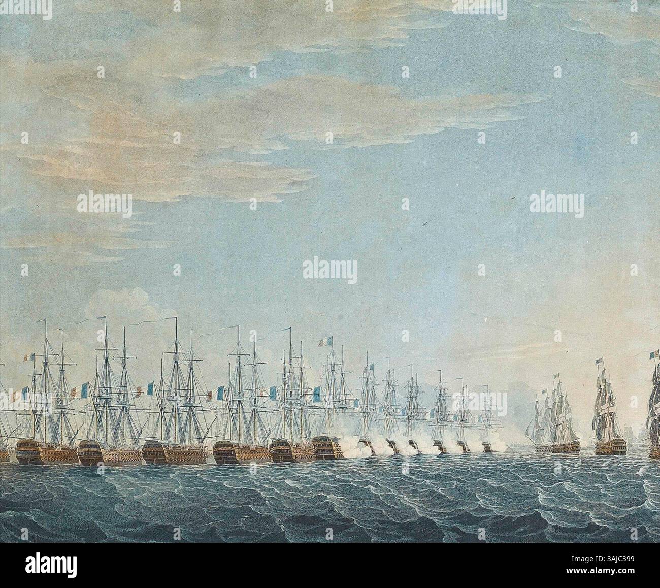 A 19th-century colored lithograph depicting the Battle of the Nile ...