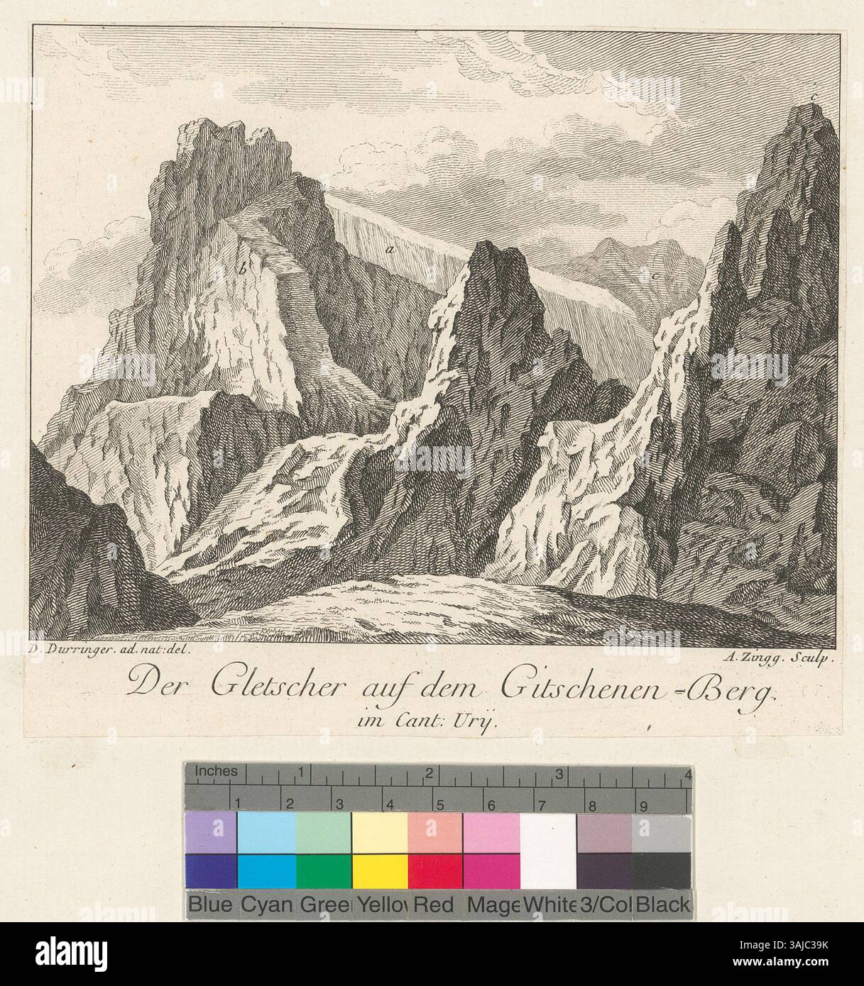 This 1760 print by Adrian Zingg illustrates the Gitschenen Glacier in ...