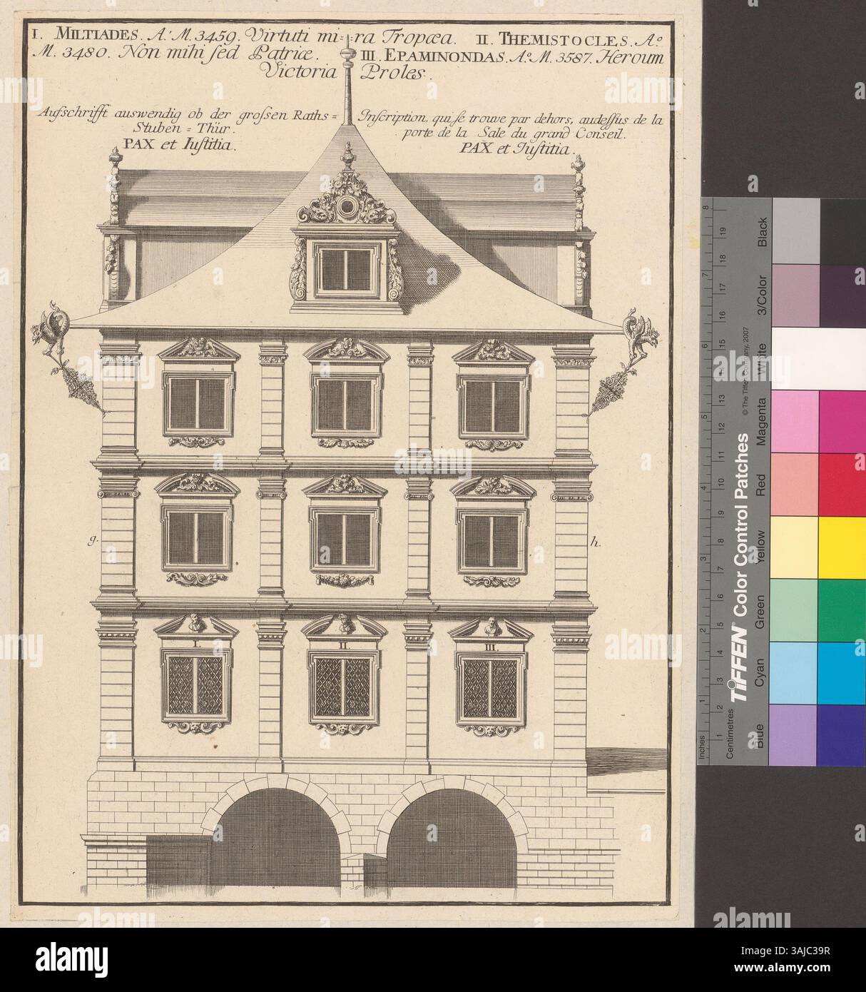 This 1748 etching presents the south facade of the Zurich City Hall, a ...