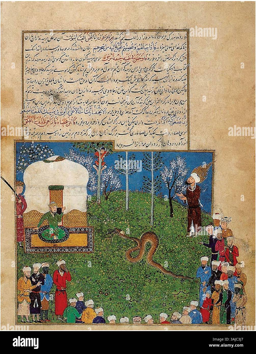 This 1470 illustration from the 'Tarikh of Tabari' shows Moses ...