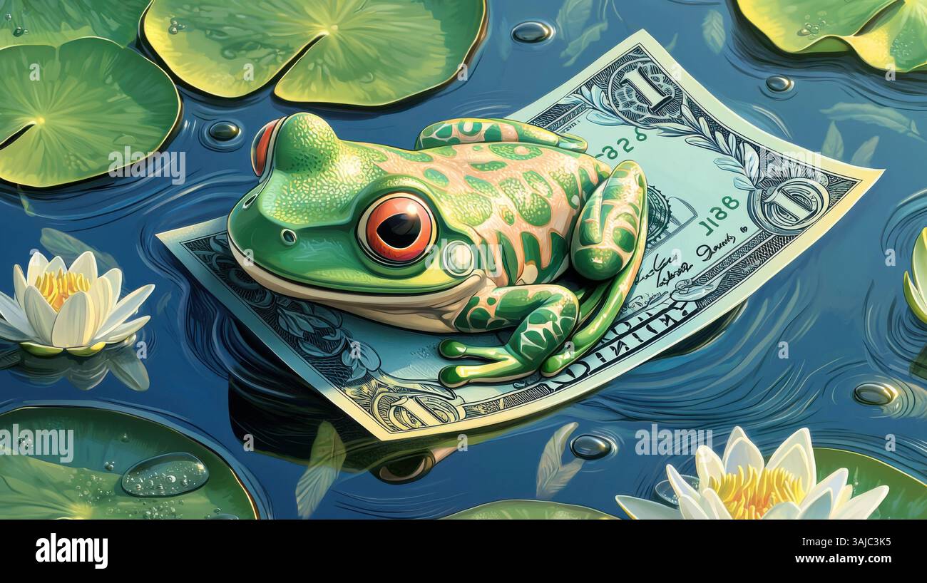 A whimsical illustration showcasing a green frog on a dollar bill ...