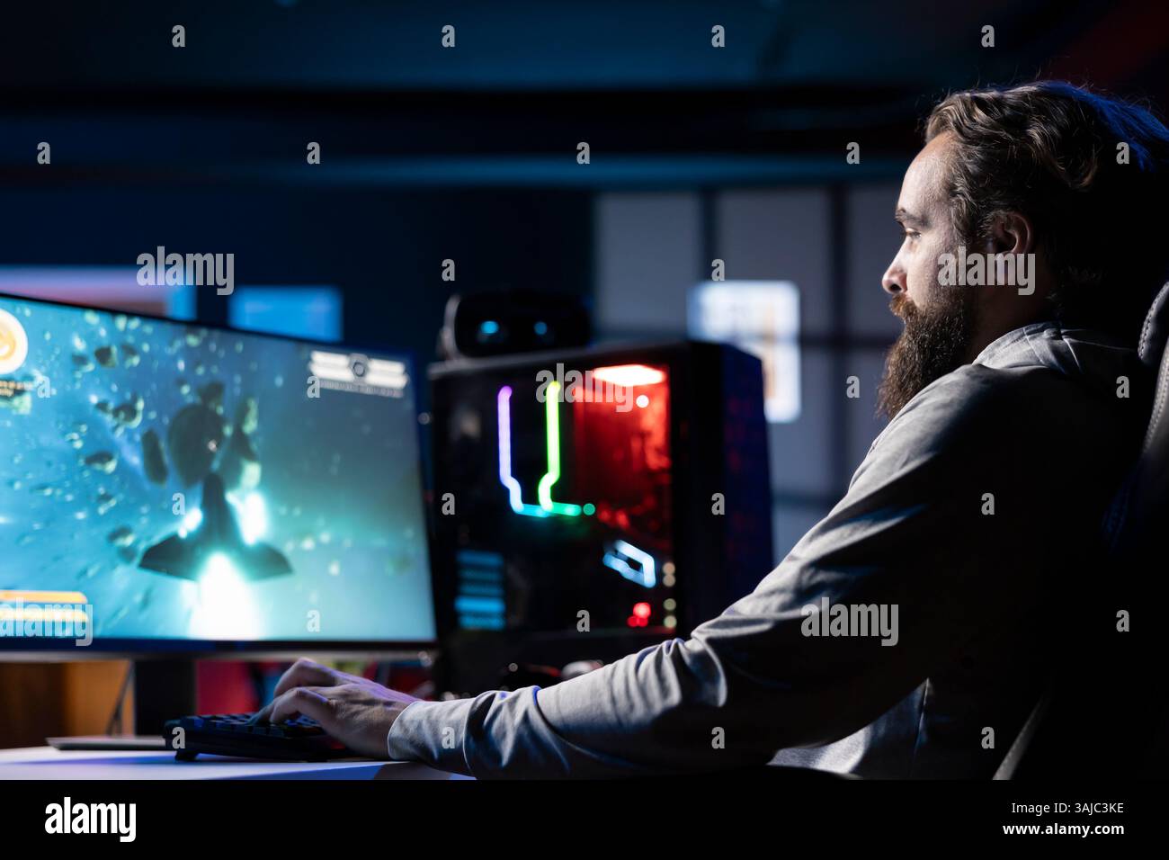 Man playing high FPS singleplayer videogame with spaceship shooting ...