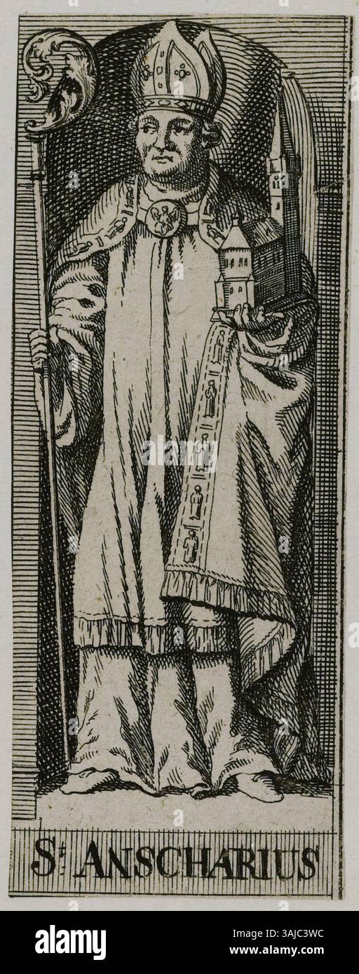 This copper engraving from 1670 depicts Saint Ansgar, also known as ...