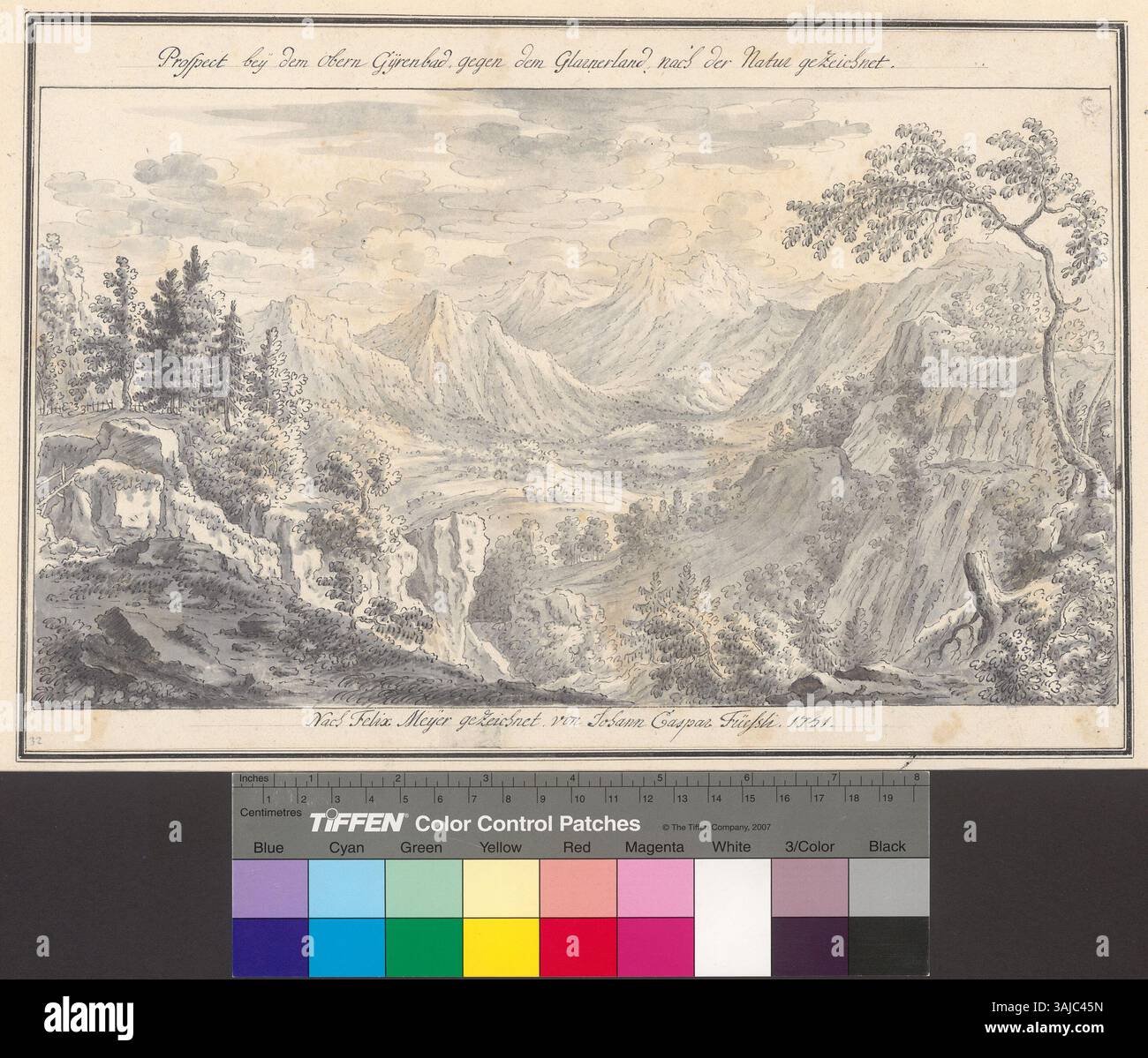 The drawing from 1751 illustrates a view of the hilly landscape around ...